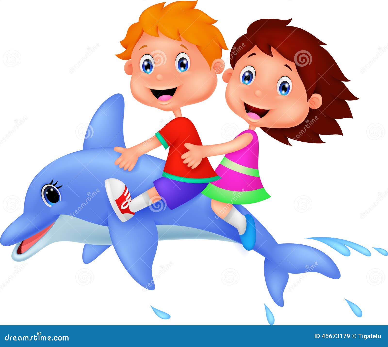 Boy And Girl Riding A Dolphin Cartoon Vector | CartoonDealer.com #45673179