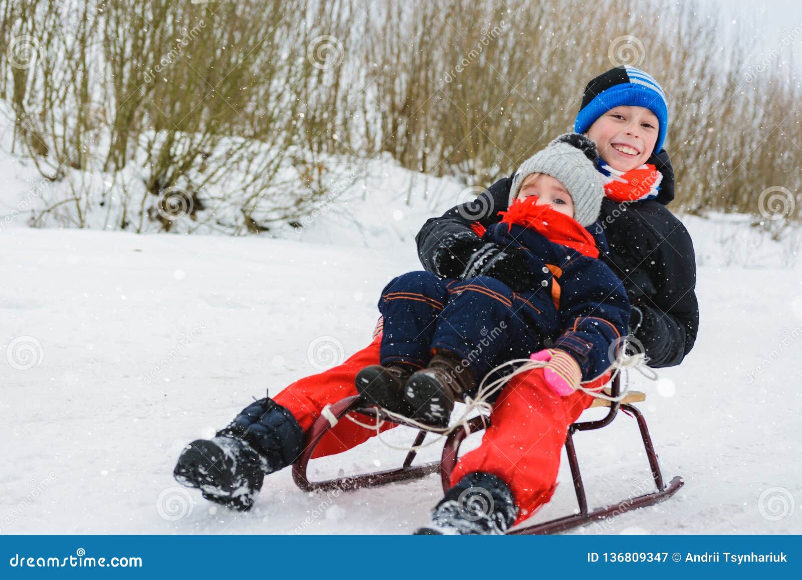 Boy and Girl are Riding on Sleds Stock Image - Image of colorful, scene ...