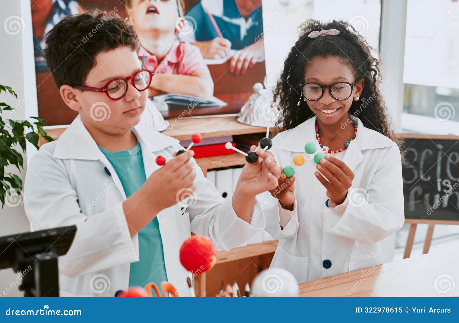 Boy, Girl and Science with Molecule at School with Thinking, Glasses ...