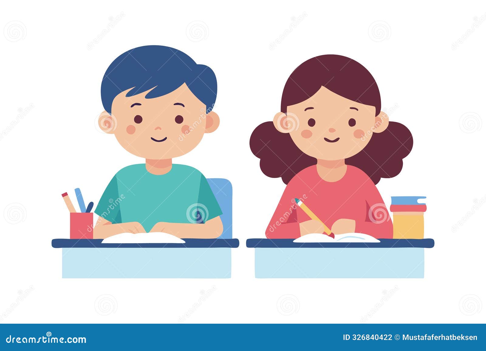 Boy and Girl Studying Together in Classroom Stock Illustration ...