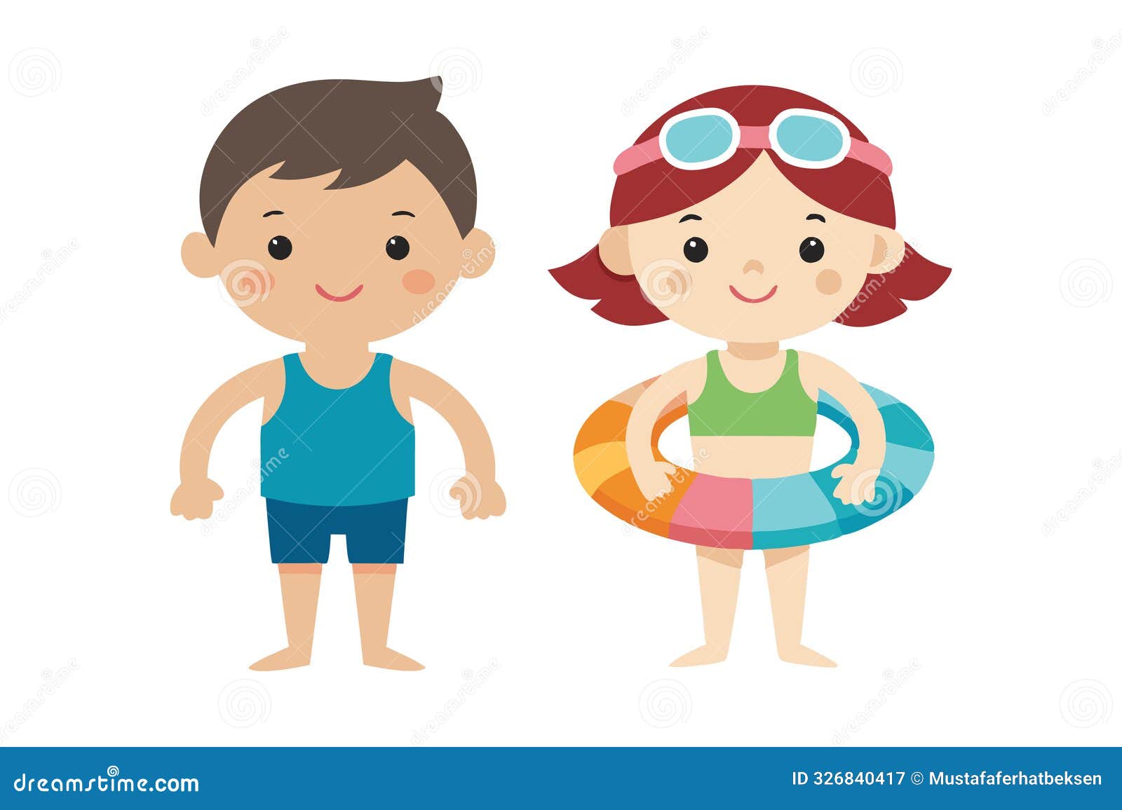 Boy and Girl in Swimwear with Pool Float Stock Illustration ...
