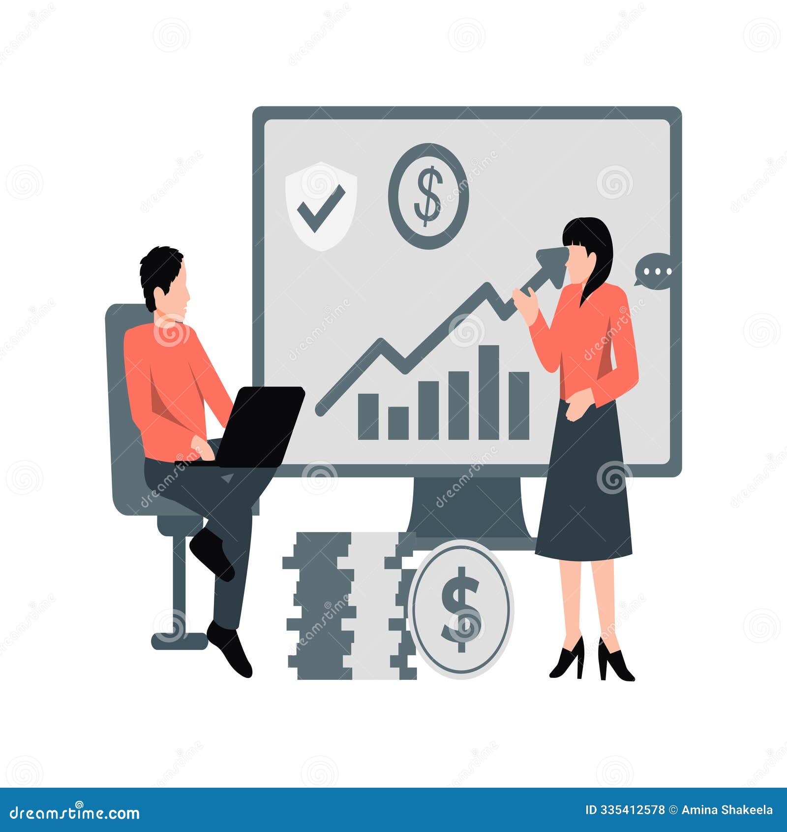A Boy and a Girl are Talking about a Chart Graph Stock Vector ...