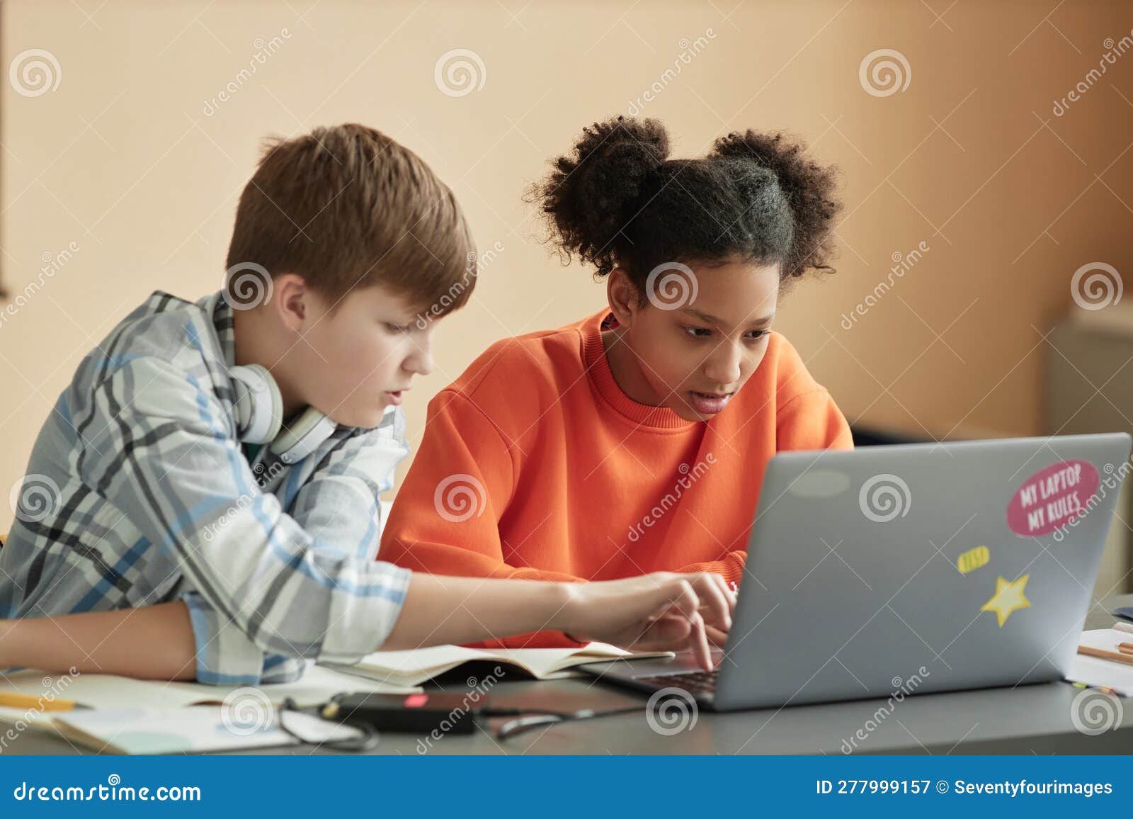Boy and Girl Using Laptop Computer in School Stock Image - Image of ...