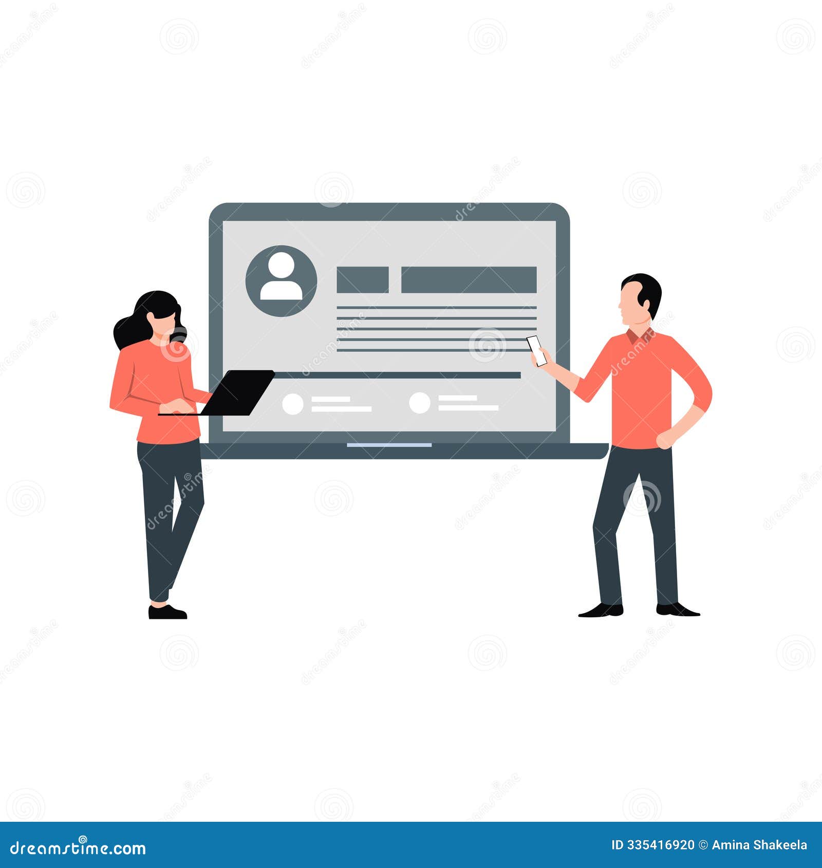 Boy and Girl are Working on Profile on Laptop Stock Illustration ...