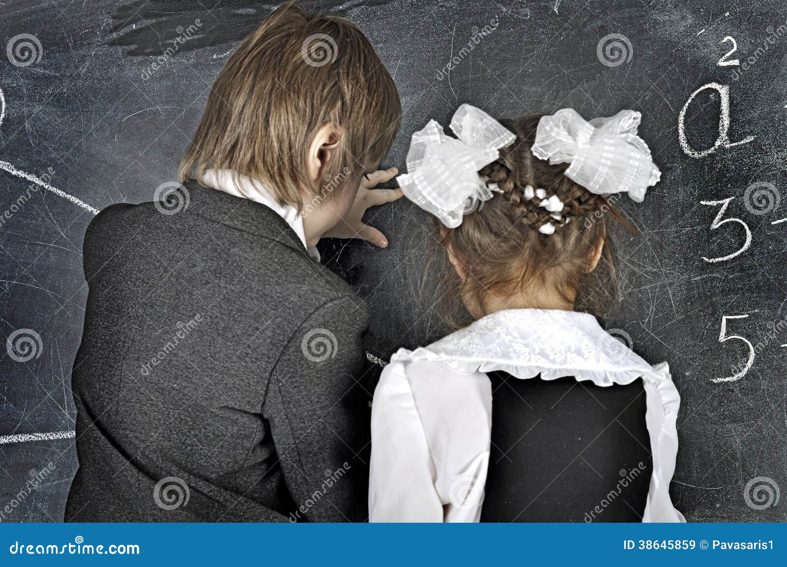 Boy and Girl Writing on Blackboard Stock Image - Image of ...