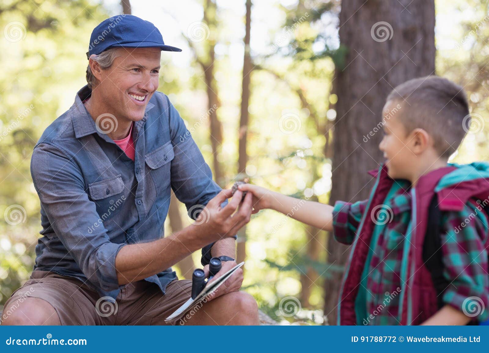 Boy Giving Pine Cone To Father in Forest Stock Photo - Image of hike ...