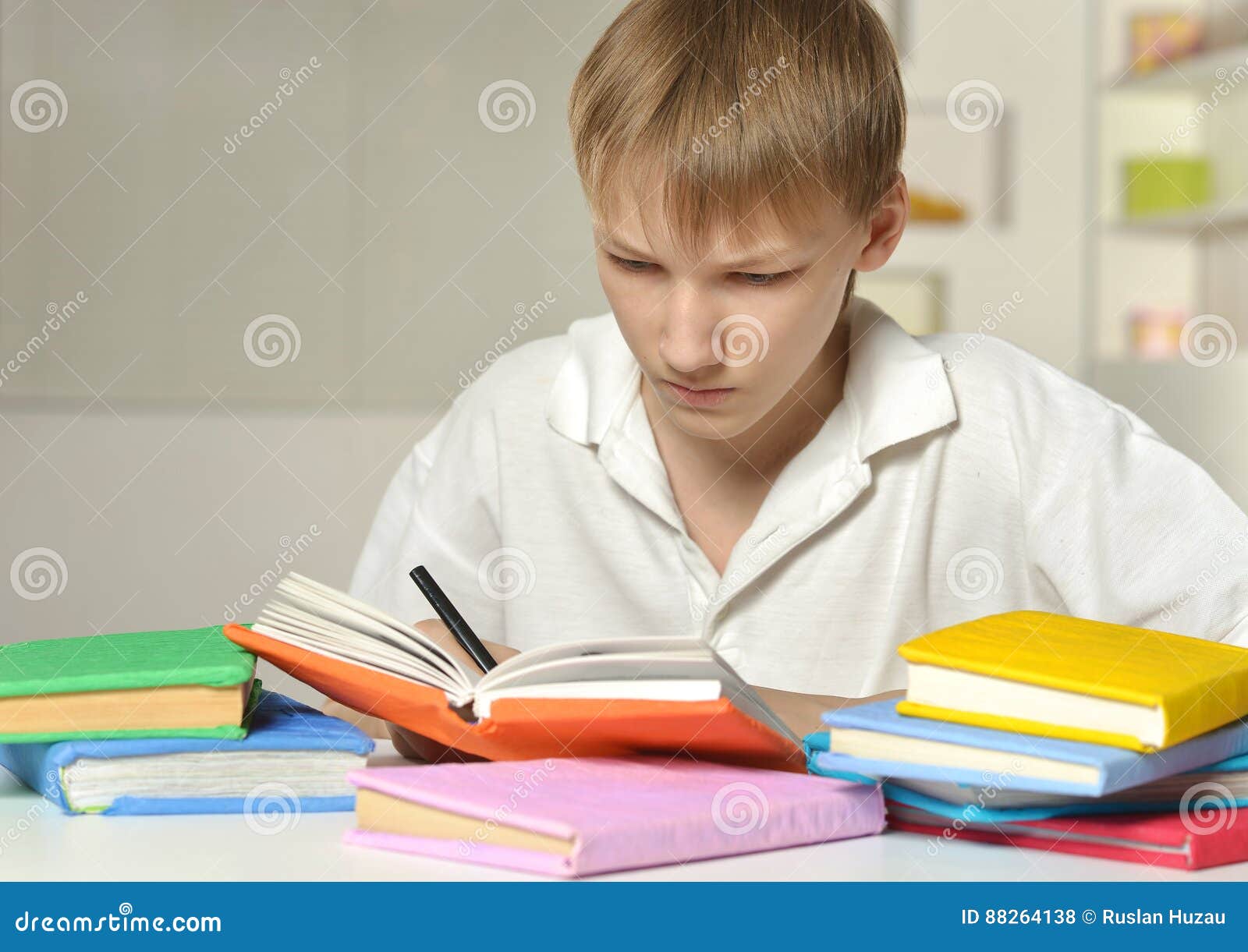 Boy with Glasses and Books Making Lessons Stock Photo - Image of ...