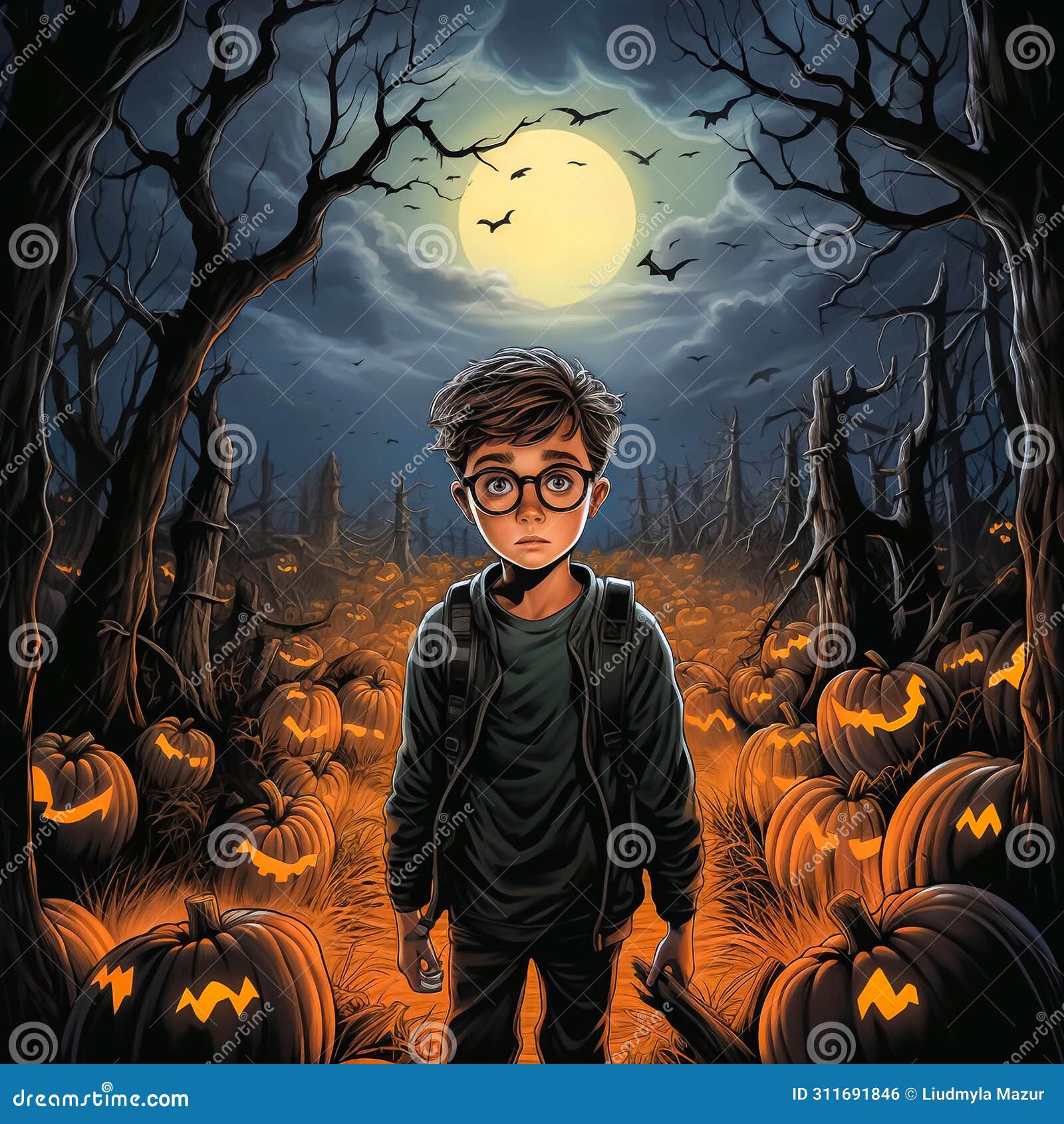 Boy with Glasses in Creepy Forest of Pumpkins Stock Illustration ... Boy with Glasses in Creepy Forest of Pumpkins Stock Illustration ...