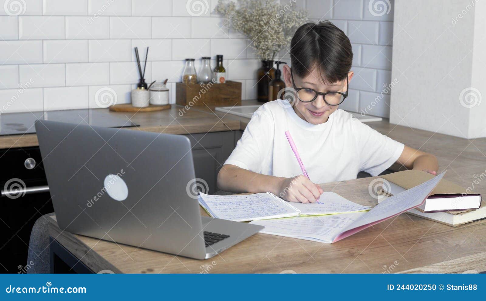 A Boy with Glasses is Doing His Homework. Study Stock Photo - Image of ...