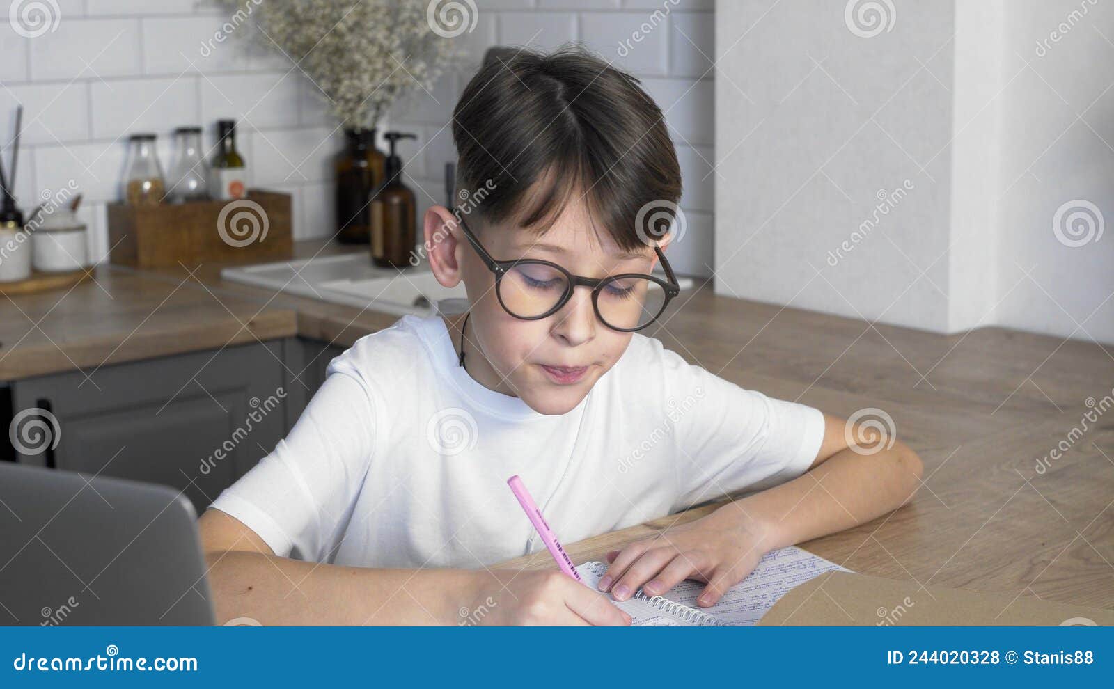 A Boy with Glasses is Doing His Homework. Study Stock Photo - Image of ...