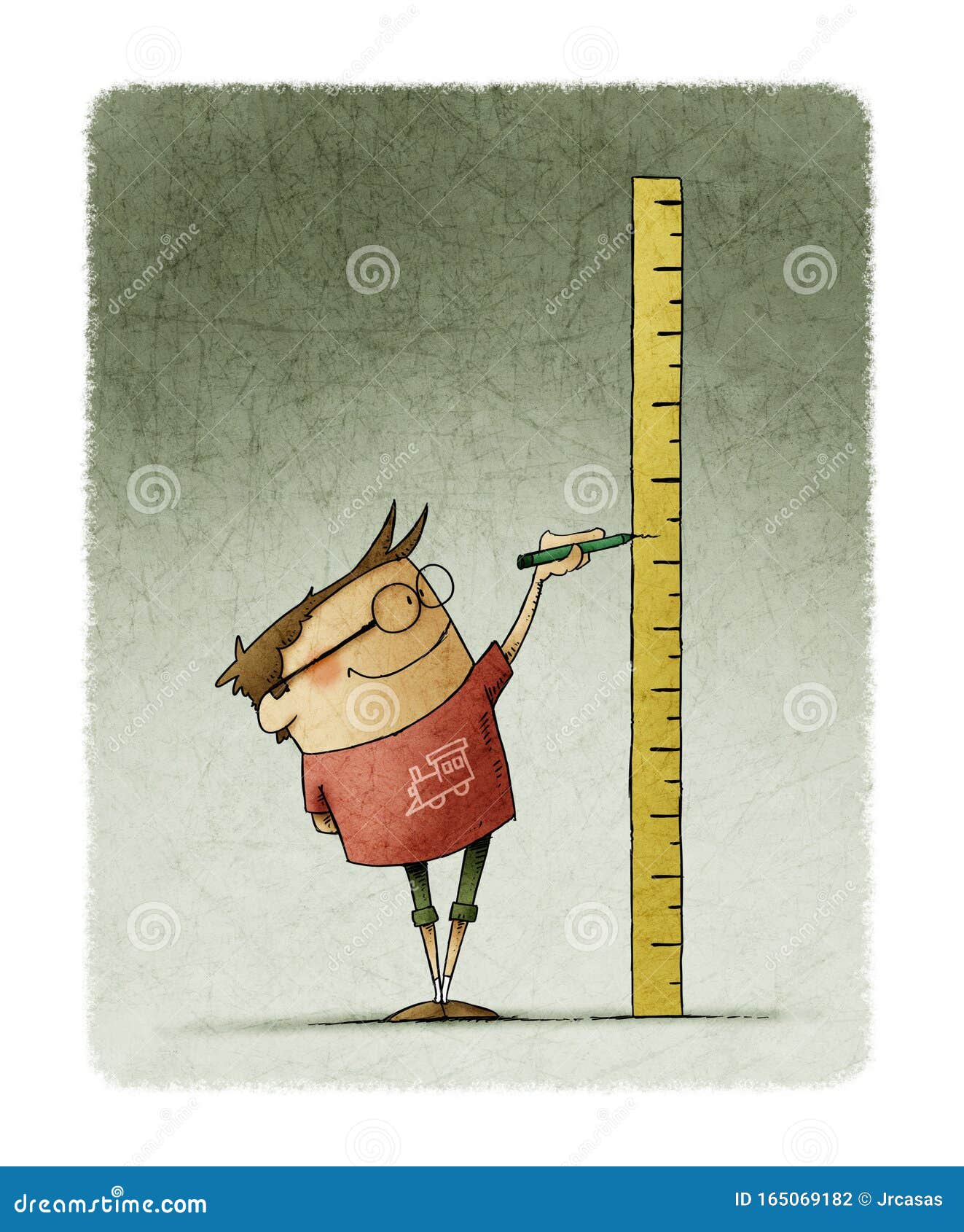 Boy Makes a Mark on a Ruler in Which he Has Measured His Height Stock ...