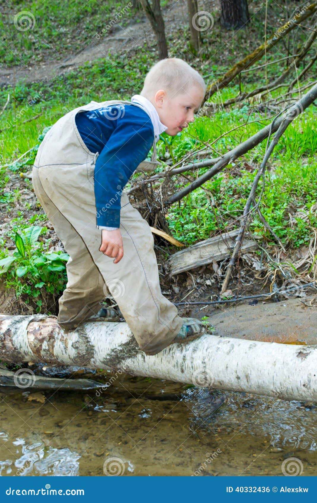 Boy goes on a log stock photo. Image of landscape, mood - 40332436