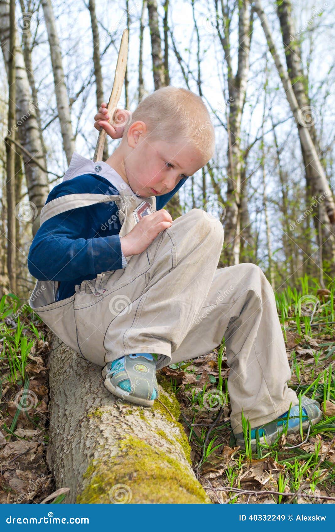 Boy goes on a log stock image. Image of blue, fallen - 40332249
