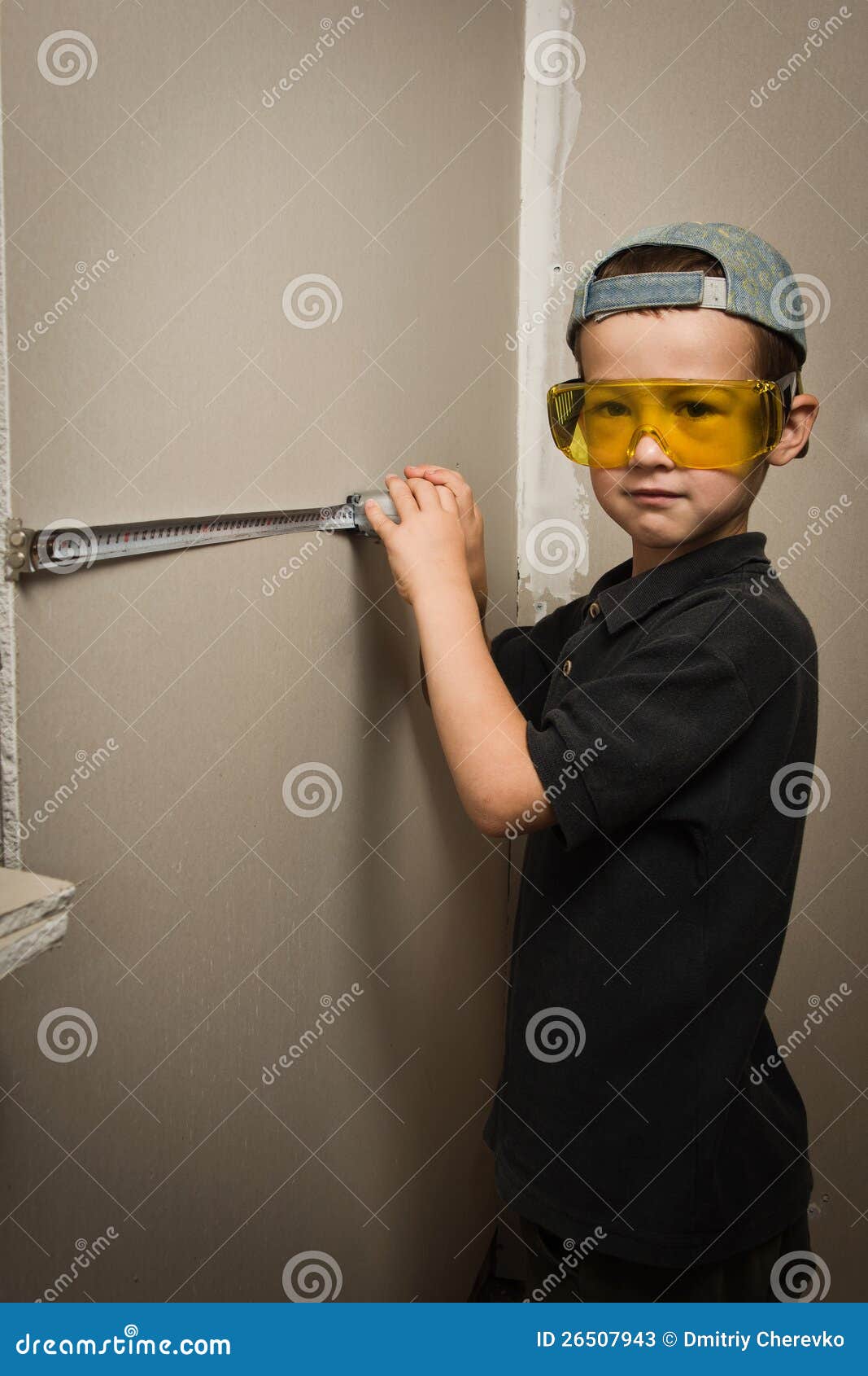 Boy in Goggles with a Tape Measure Stock Image - Image of manual ...