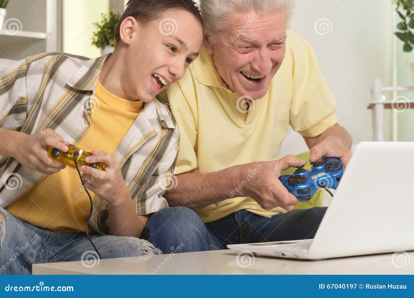 Boy and Grandfather Playing Computer Game Stock Image - Image of glad ...