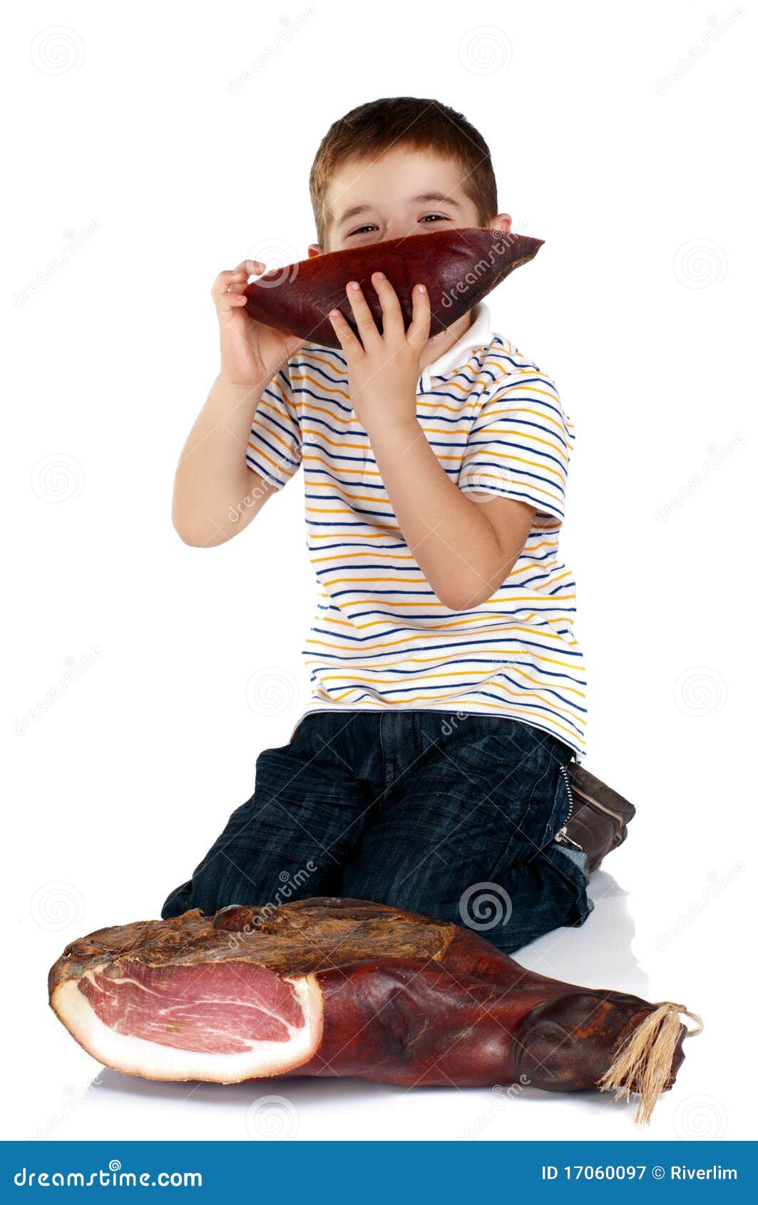 Boy with ham stock image. Image of piece, white, sitting - 17060097