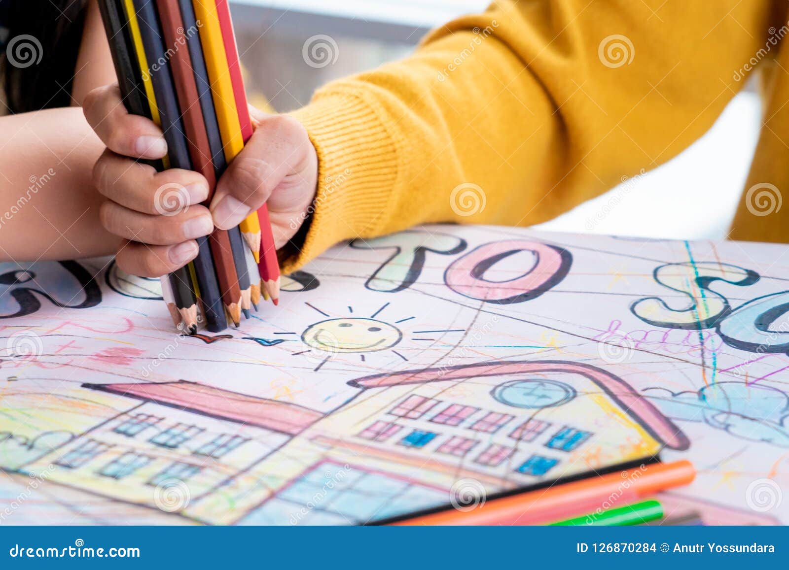 Boy Hand Drawing in Kindergarten Art Classroom Stock Photo - Image of ...