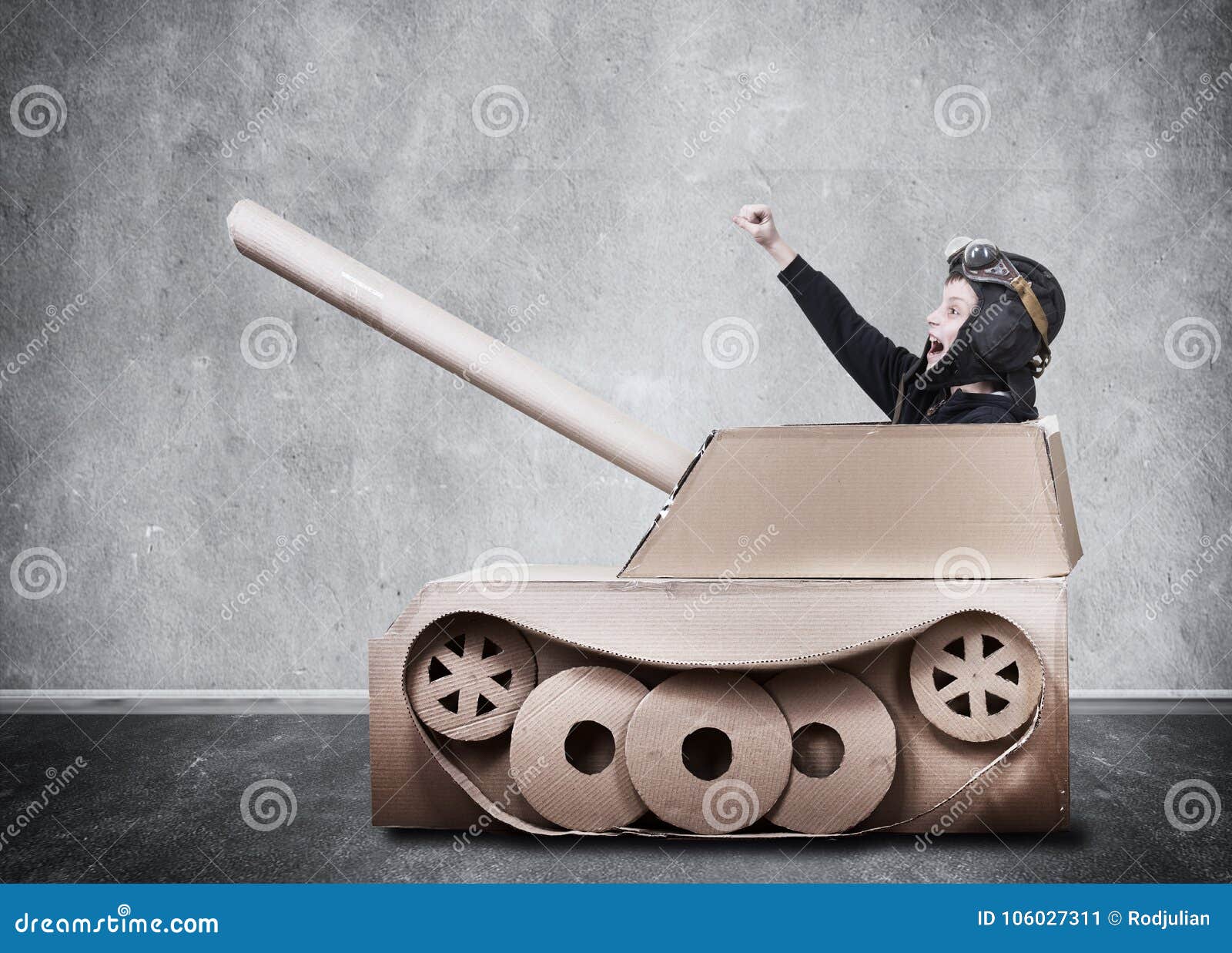 Boy In Handmade Cardboard Panzer. Royalty-Free Stock Photo ...