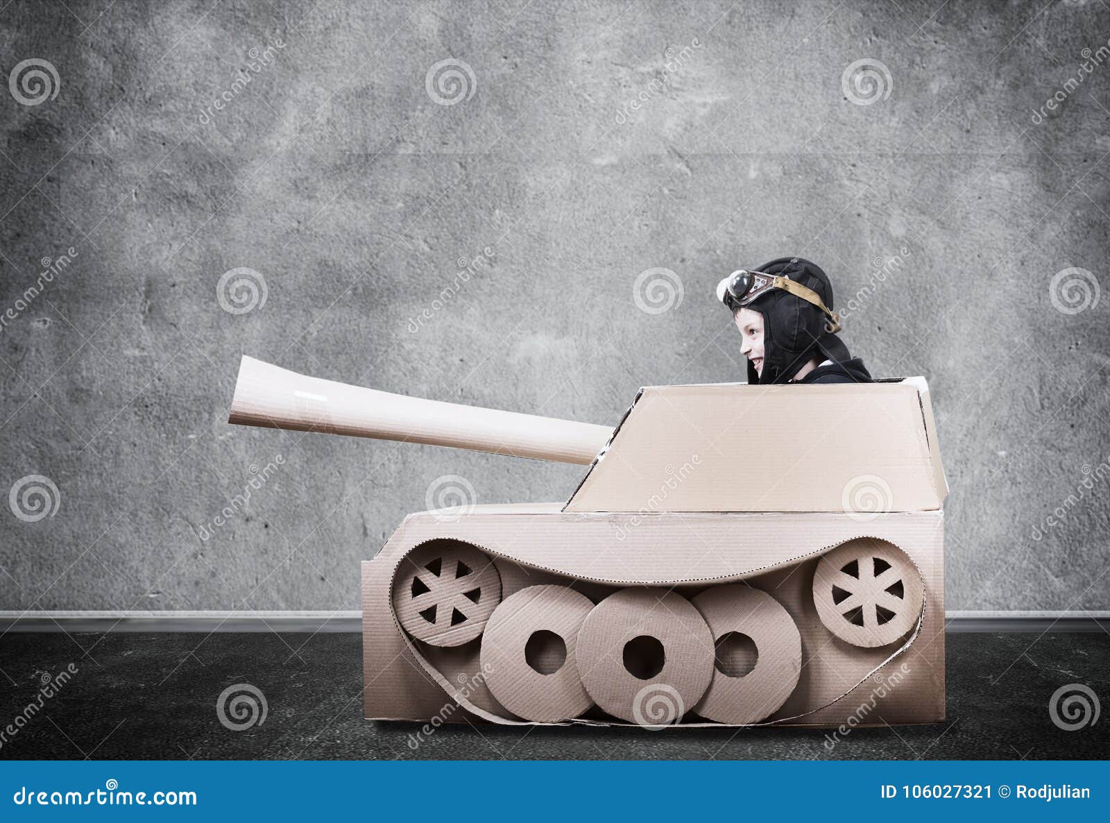 Boy In Handmade Cardboard Panzer. Royalty-Free Stock Photo ...