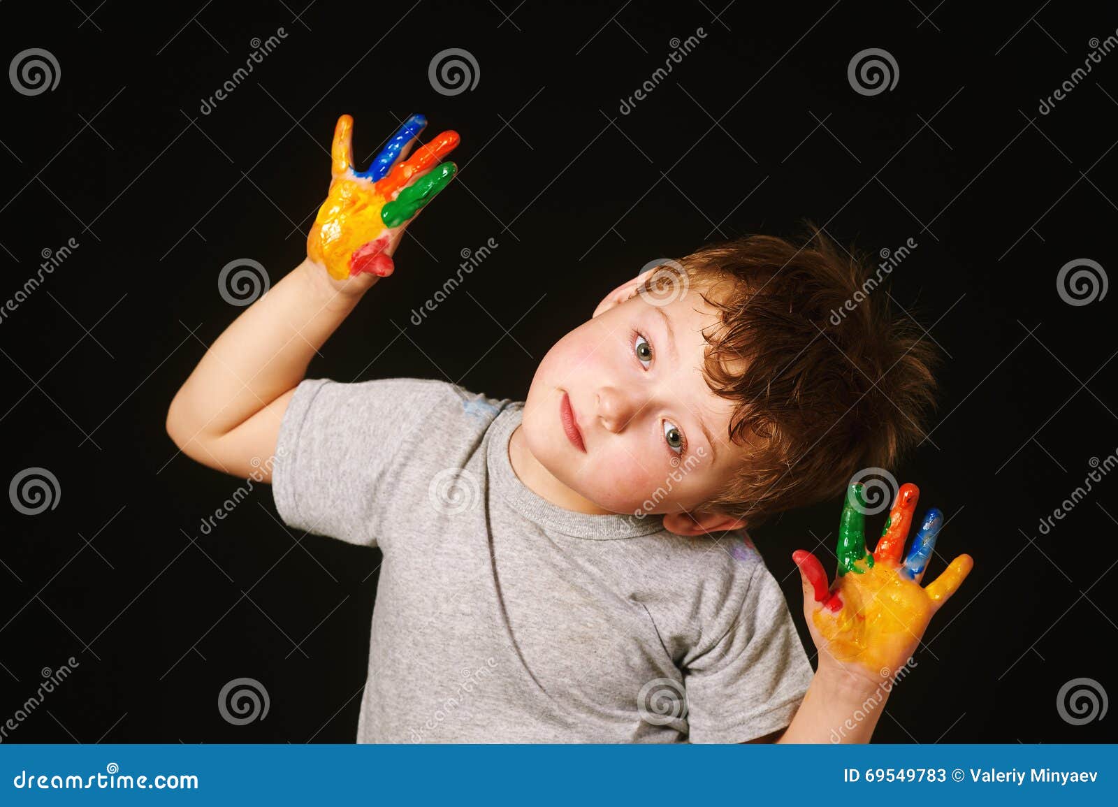 Boy with Hands Painted in Bright Colors , with Palette in Hand Stock ...