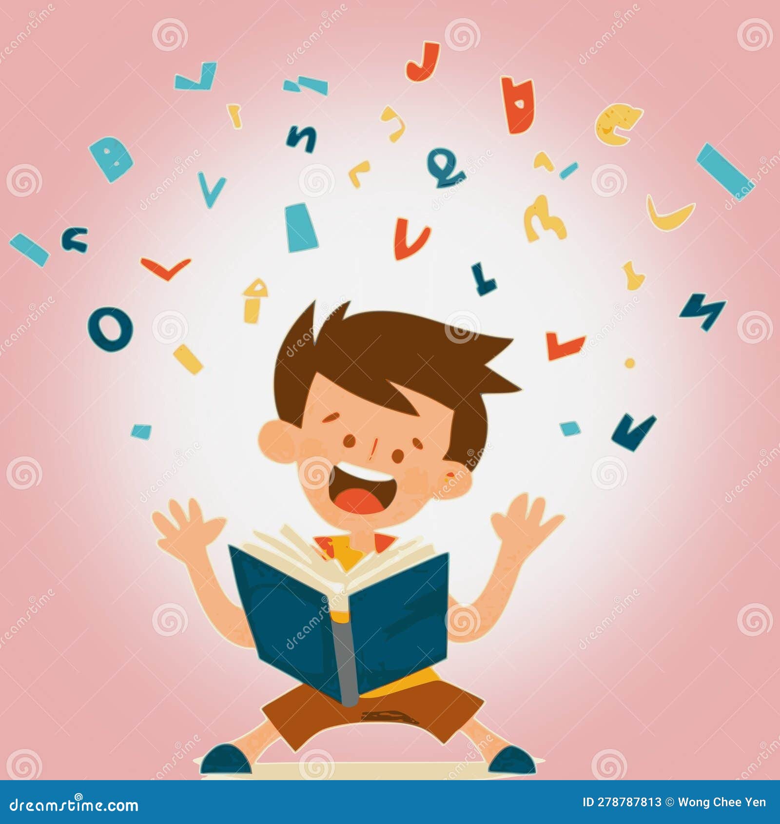 Boy Happy Reading Book with Text Flying Out Question Vector Graphics ...