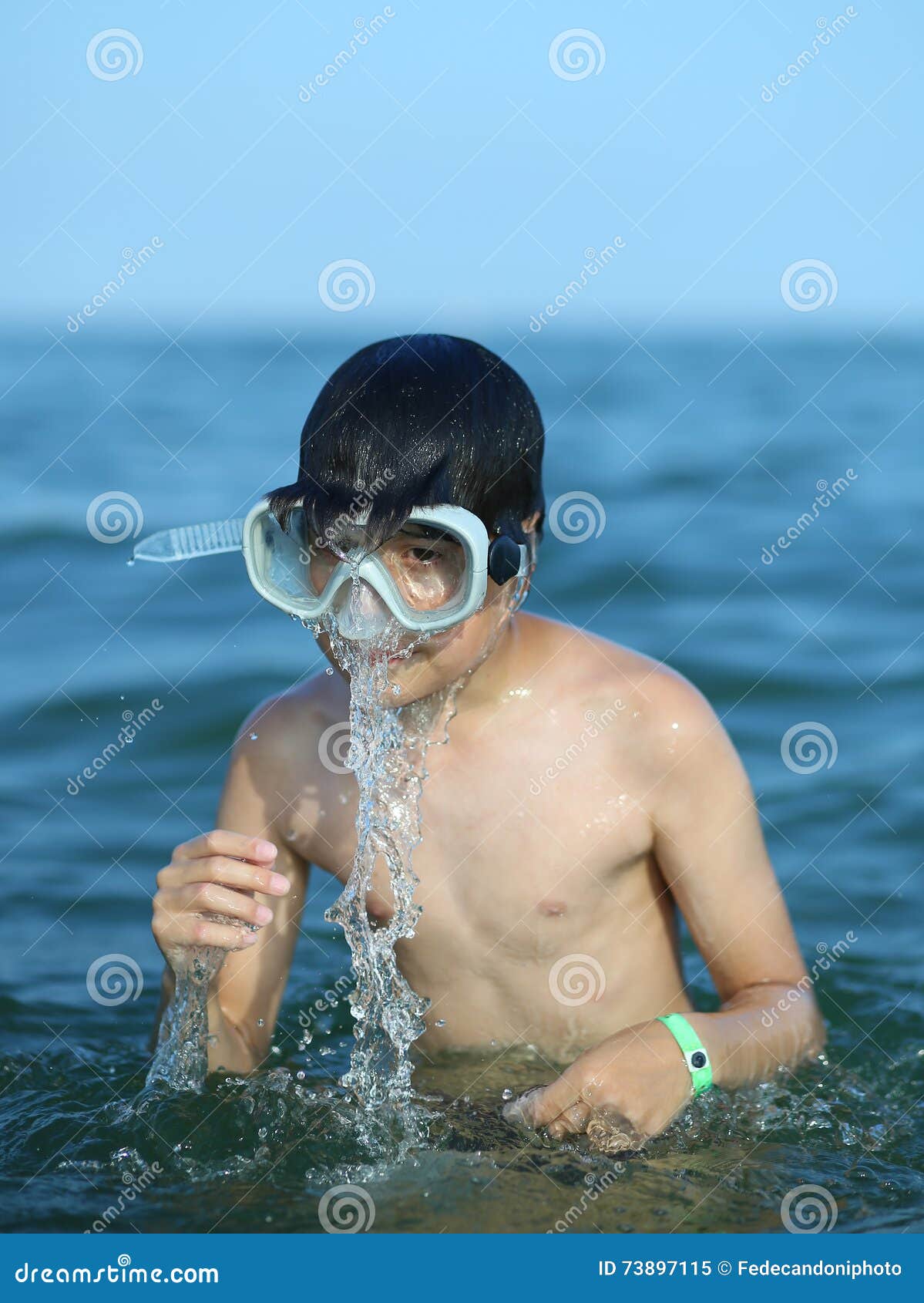 Boy Has Fun with the Diver Mask in the Sea Stock Image - Image of water ...