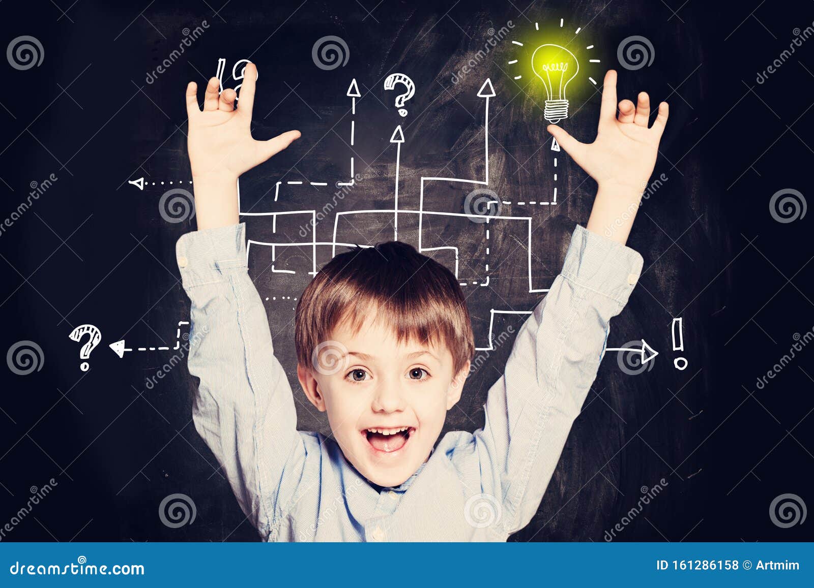 Boy Has an Idea. Concept with Question Signs and Light Idea Bulb Stock ...