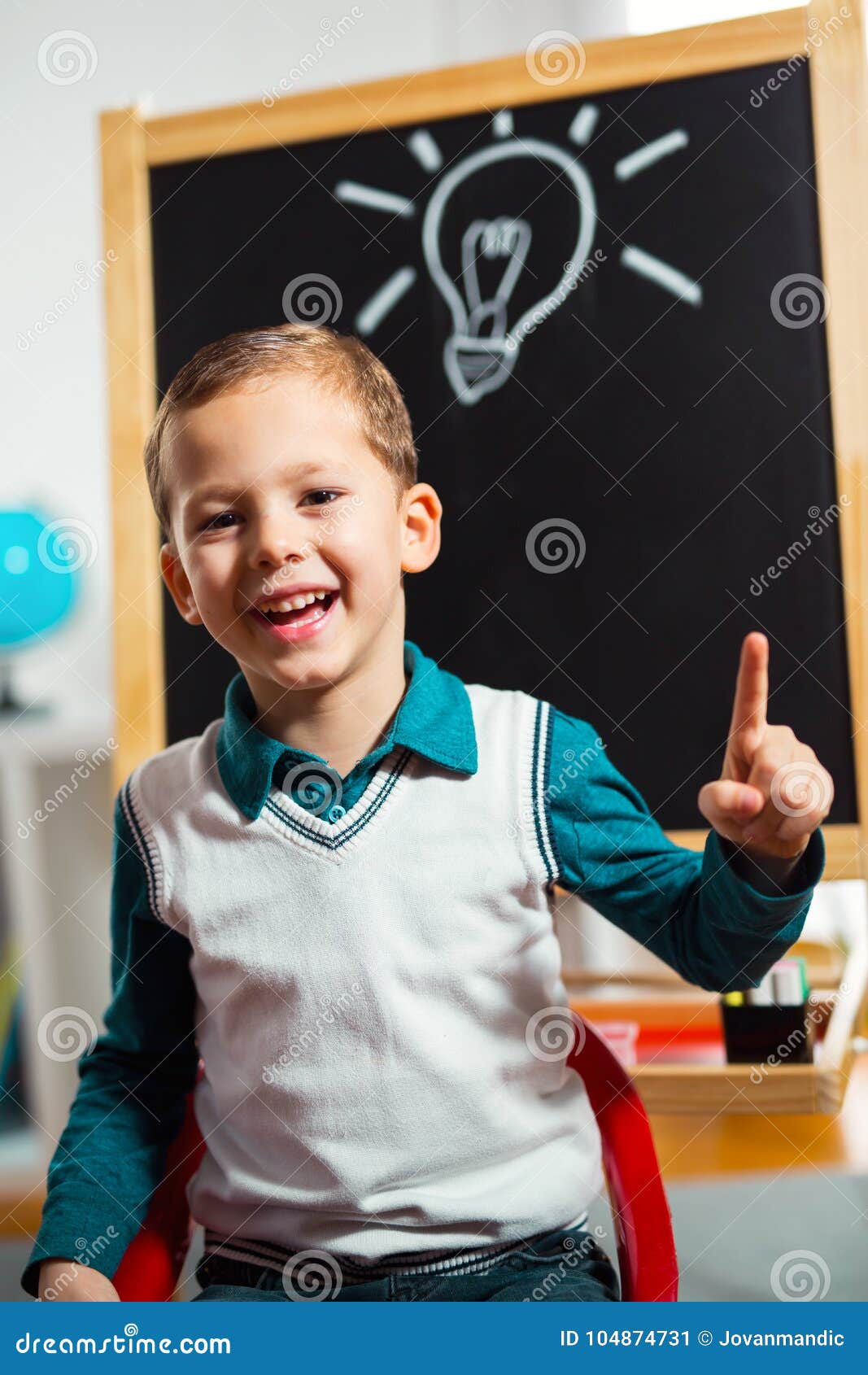 Boy Has Idea with Lightbulb Drawn on Chalkboard Stock Image - Image of ...