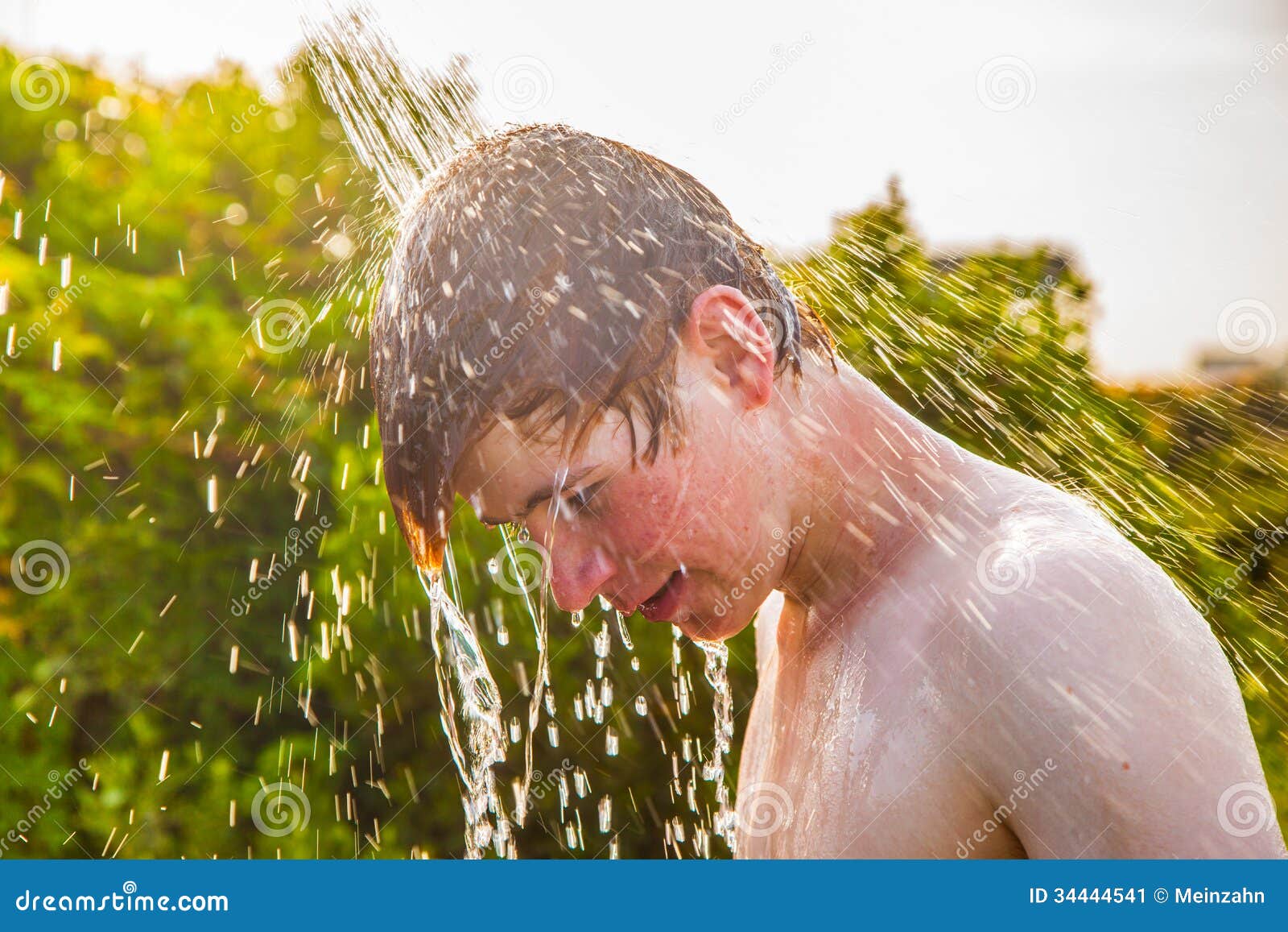 Boy Has a Shower at the Beach Stock Image - Image of happy, confident ...