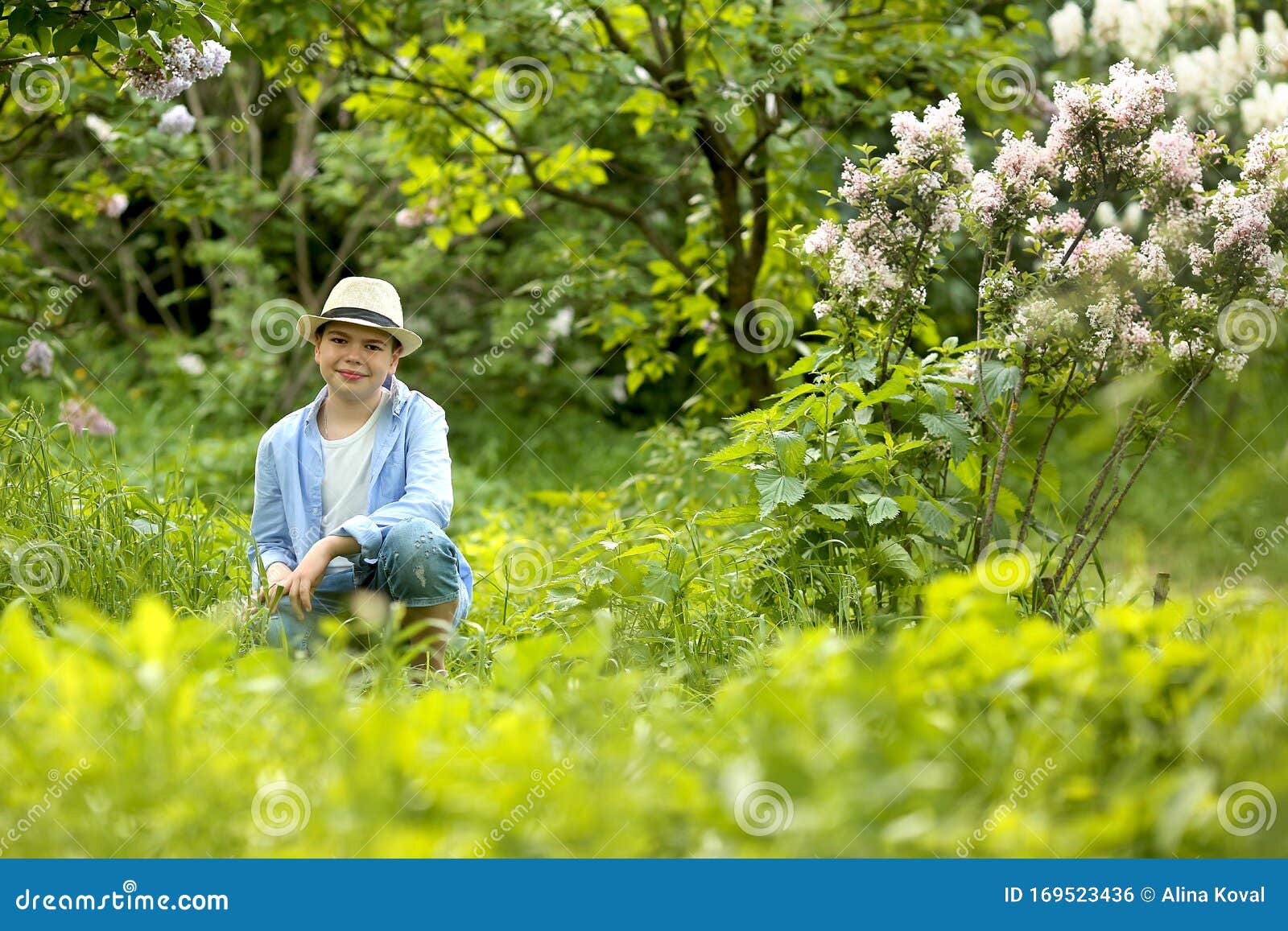 A Boy in the Spring Botanical Garden Where Flowers Bloom Stock Photo ...