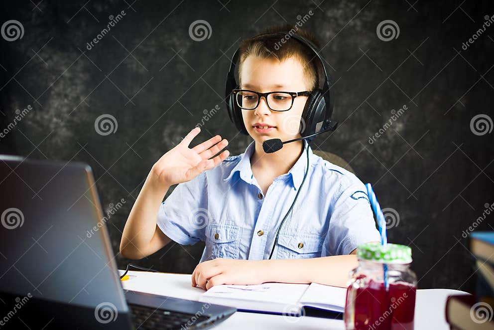 Boy Having an Online Learning Class from Home Stock Image - Image of ...