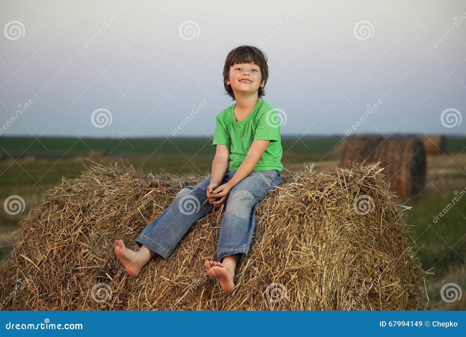 Boy in a Haystack in the Field Stock Image - Image of blue, child: 67994149