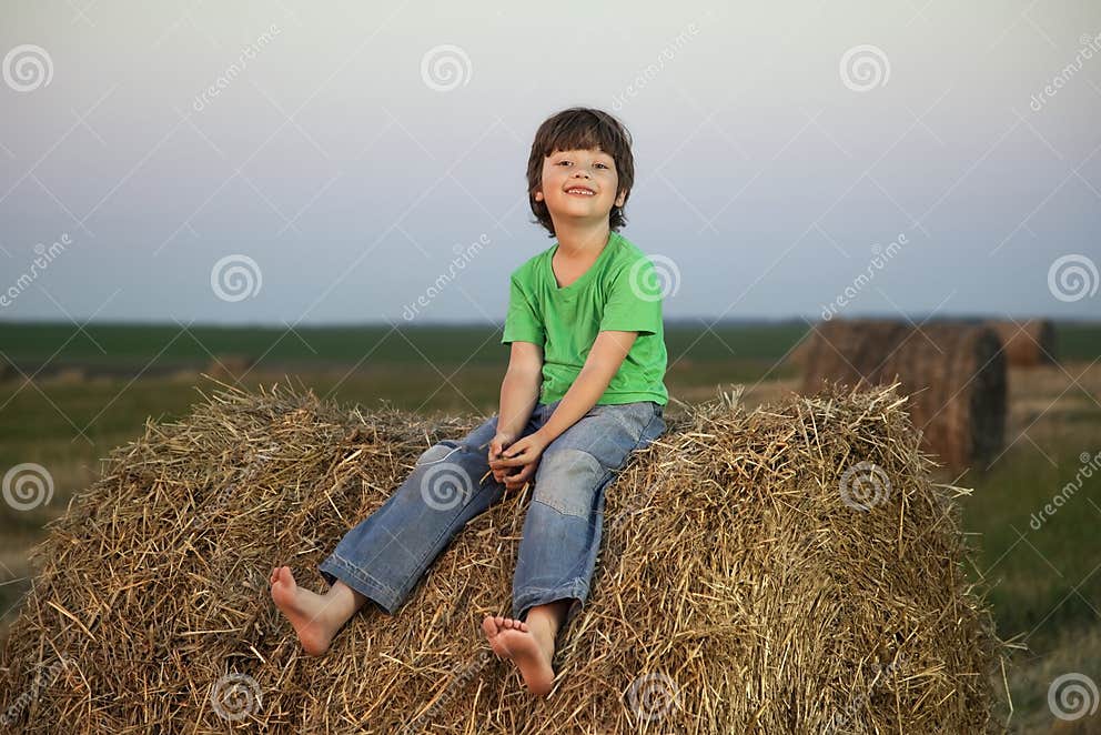 Boy in a Haystack in the Field Stock Image - Image of blue, child: 67994149
