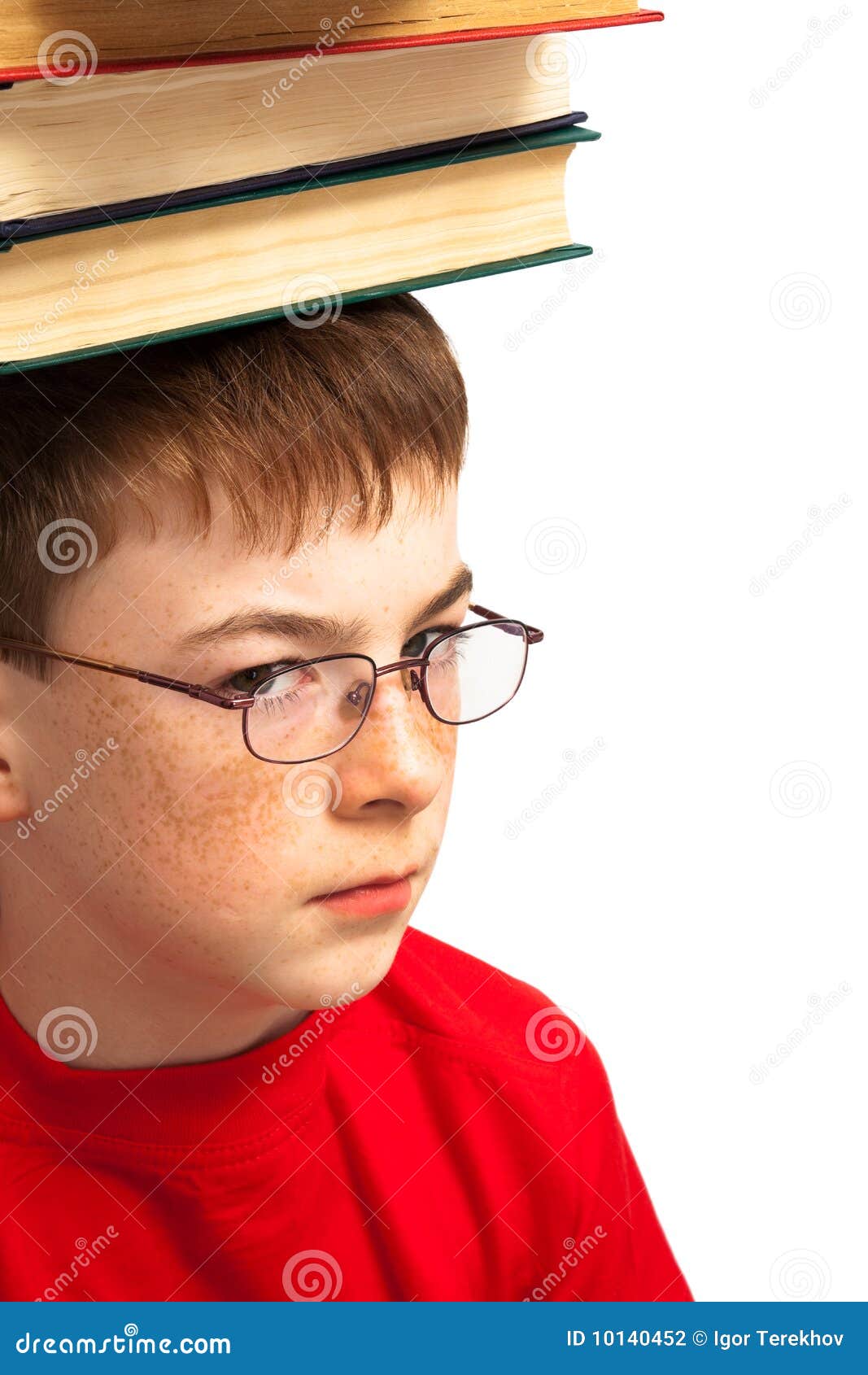 Boy on head with books stock photo. Image of isolated - 10140452
