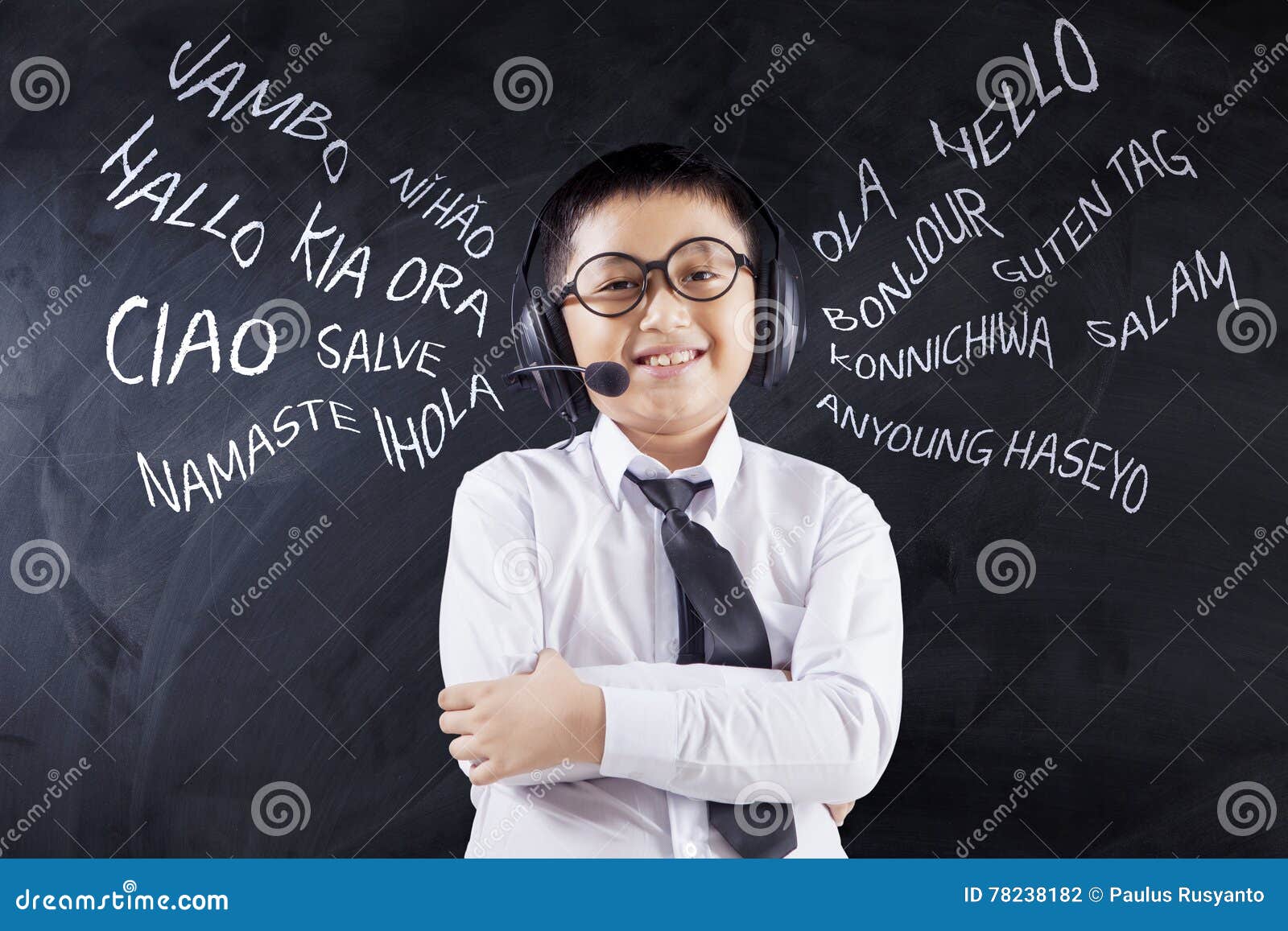Boy with Headphones Learns Multilingual Stock Photo - Image of ...