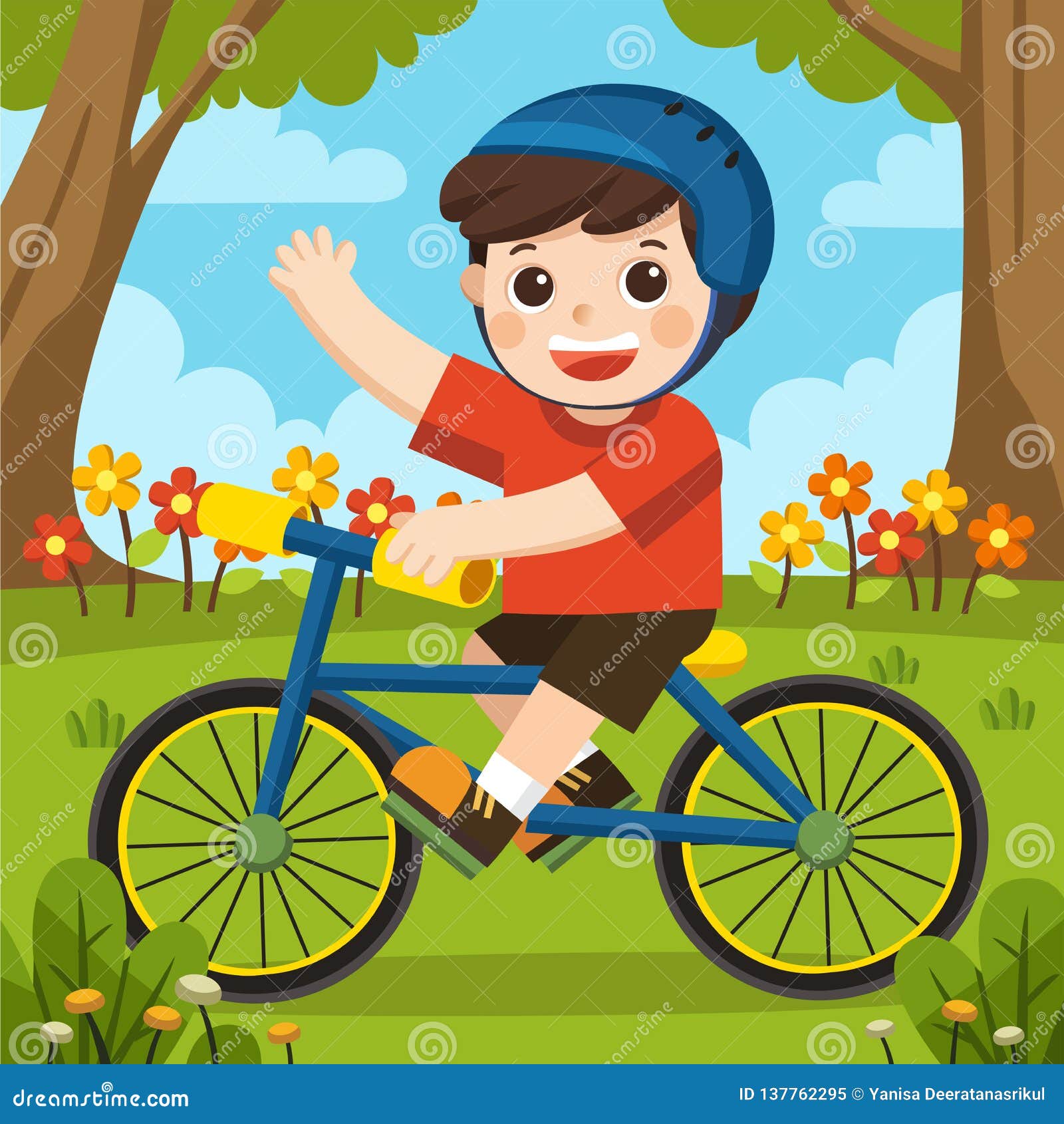 A Boy in a Helmet Having Fun in Spring Park with His Blue Bicycle ...