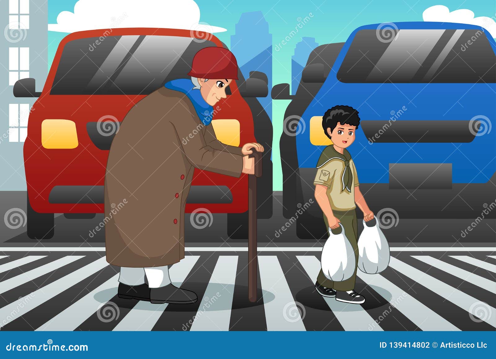 Boy Helping Old Lady Crossing Street Illustration Stock Vector ...