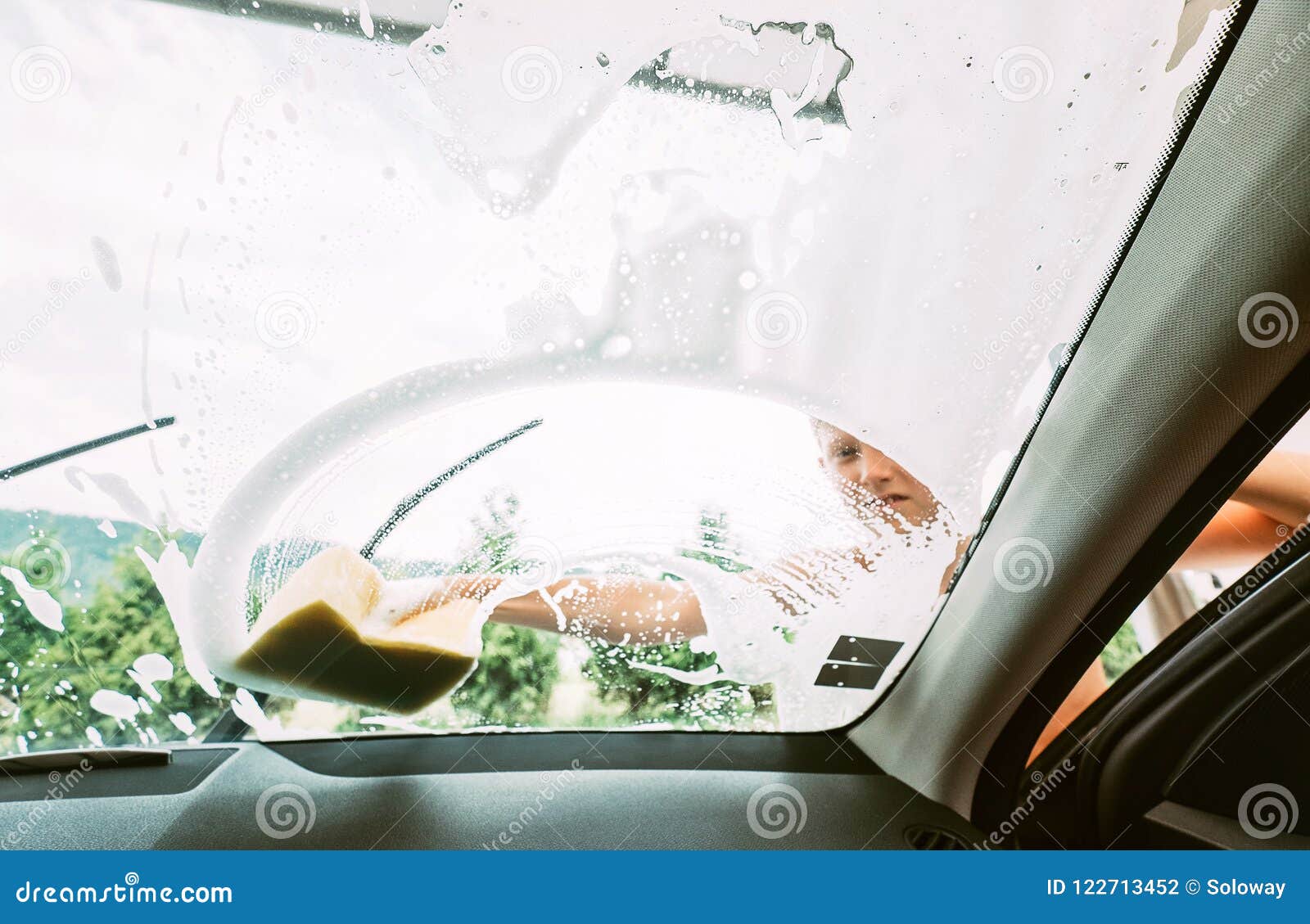 Boy Helps To Wash a Car. Inside Car Camera View Stock Photo - Image of ...