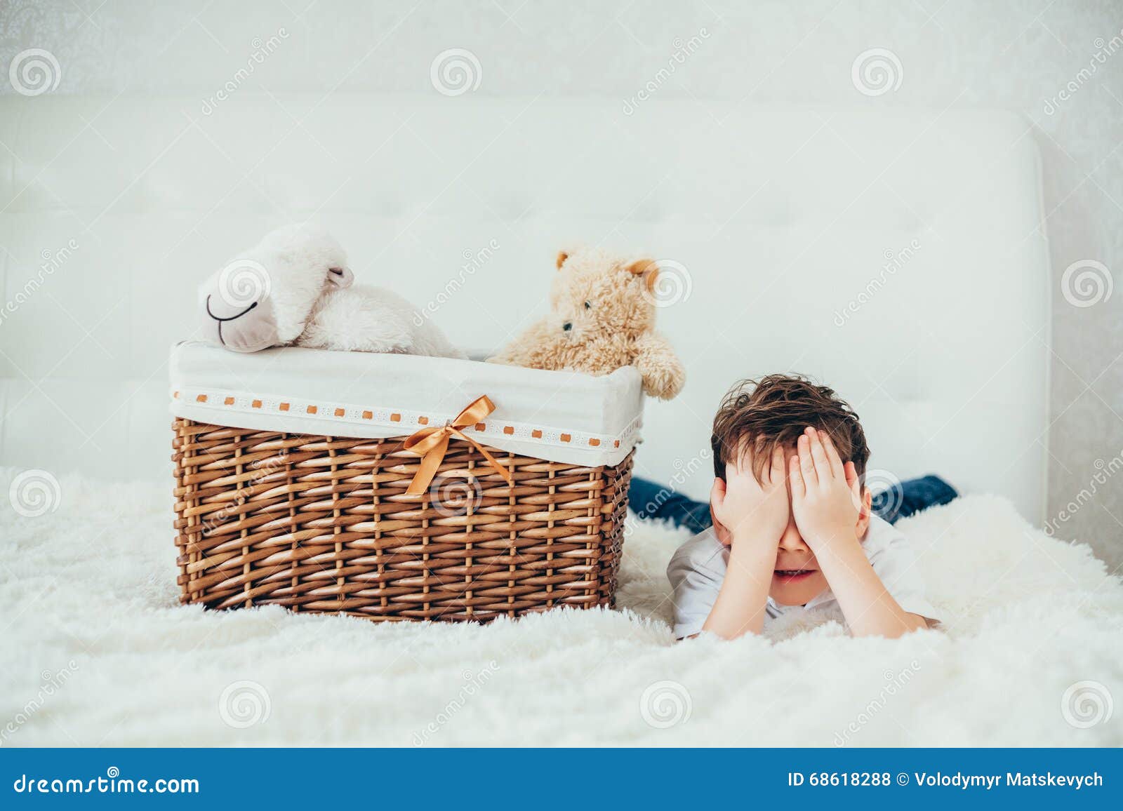 Boy Hid Behind a Basket with Soft Toys Stock Photo - Image of happy ...