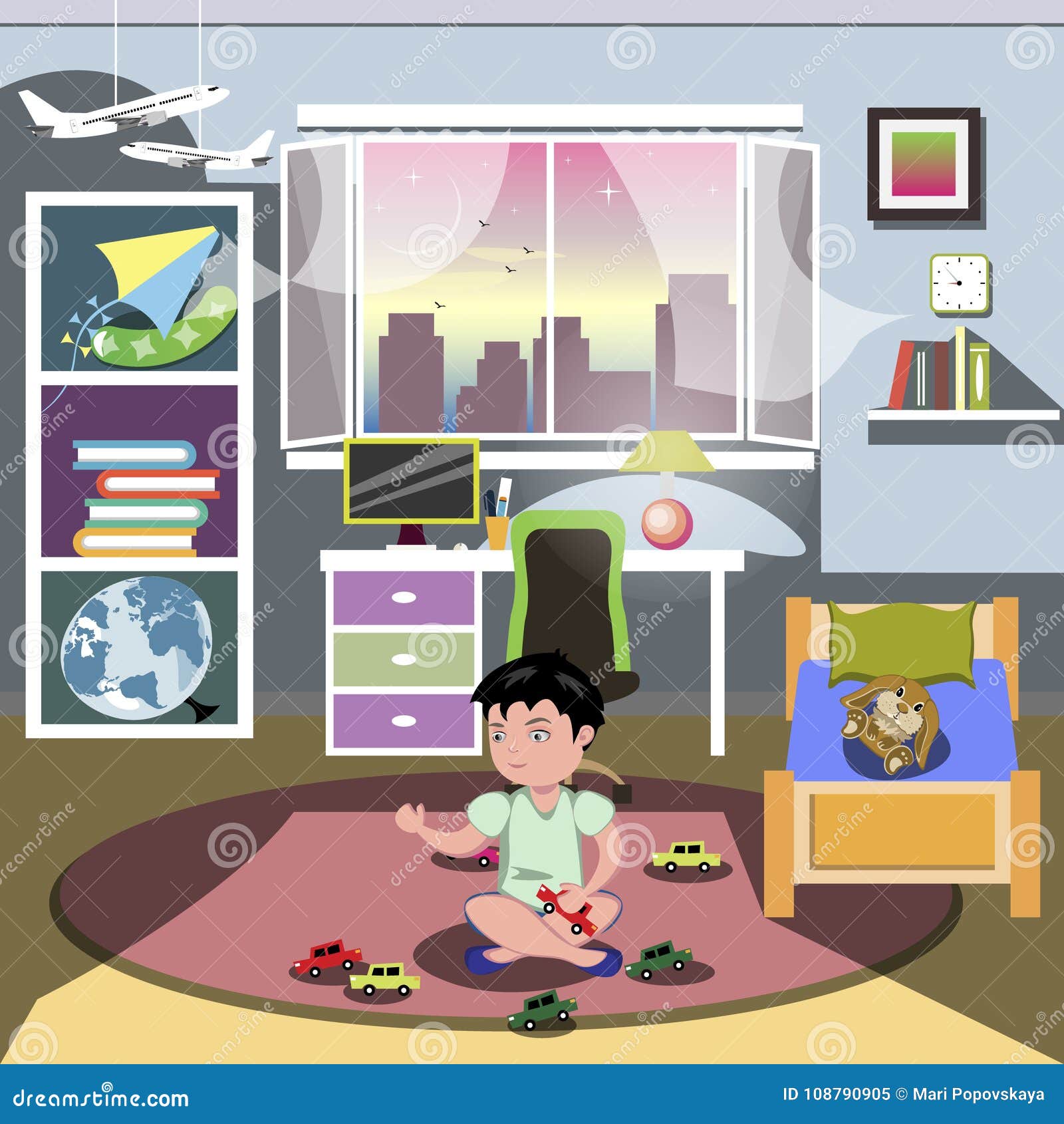 Boy in his bedroom stock vector. Illustration of inside - 108790905