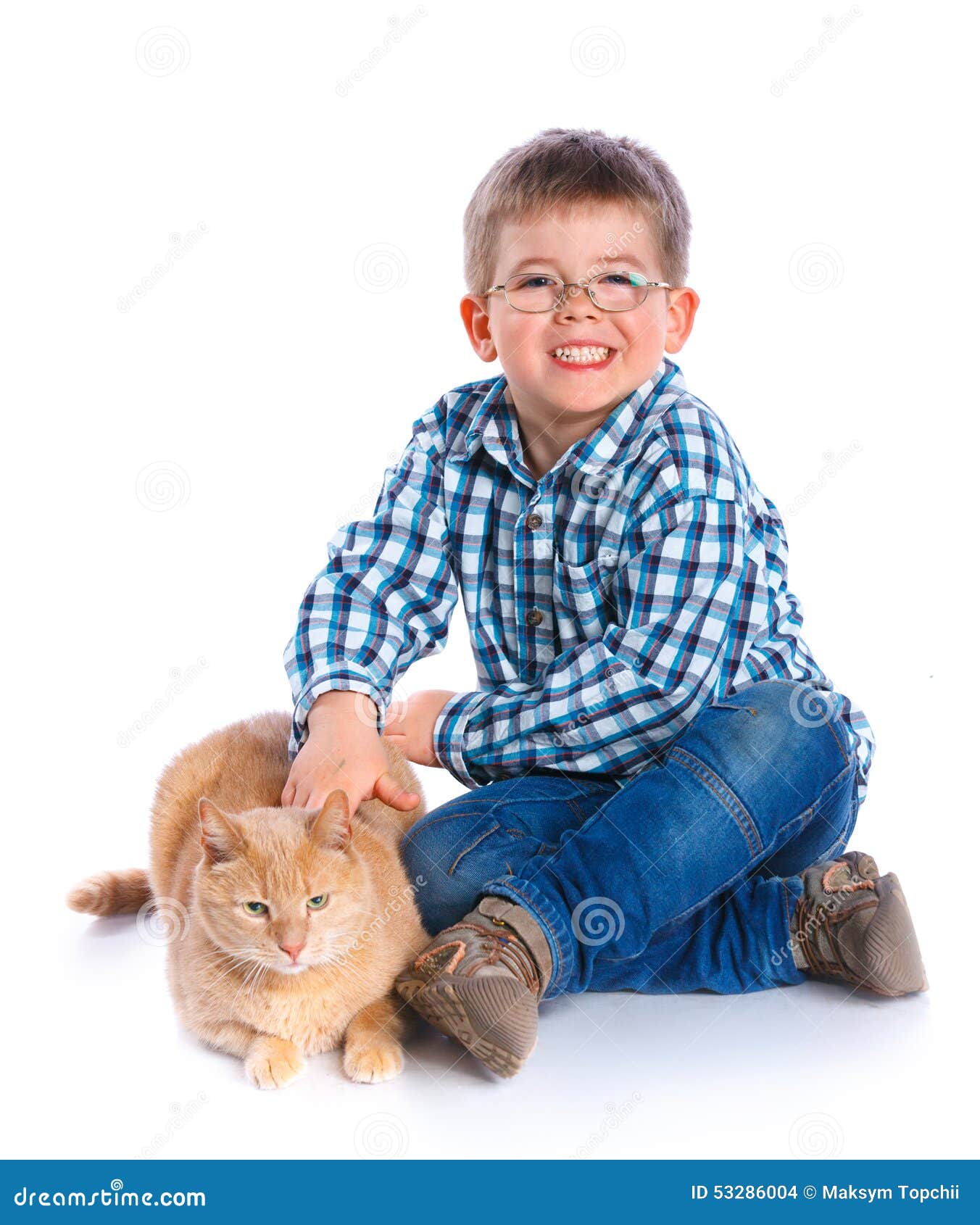 Boy with his cat stock photo. Image of cheerful, front - 53286004