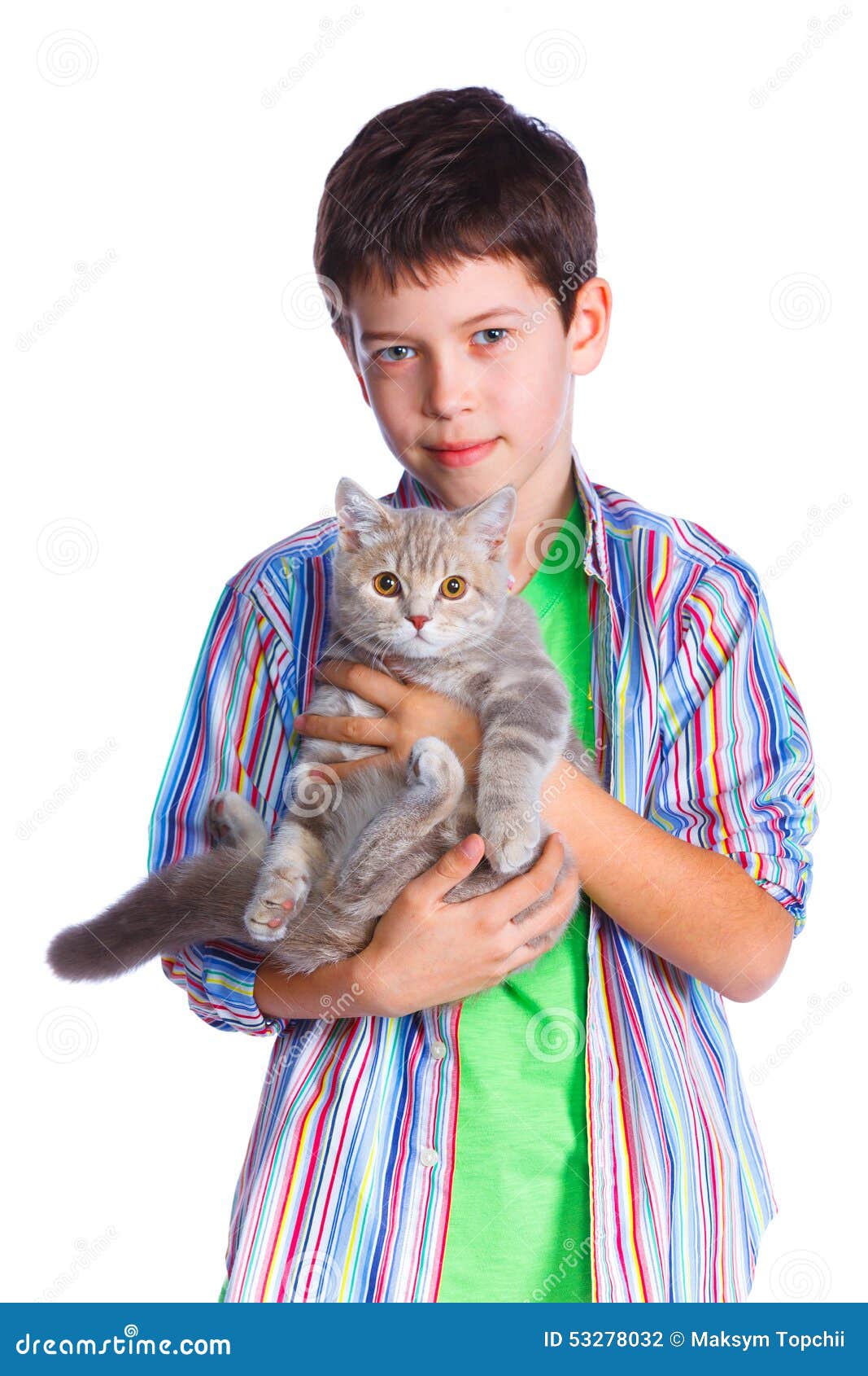 Boy with his cat stock photo. Image of childhood, shorts - 53278032