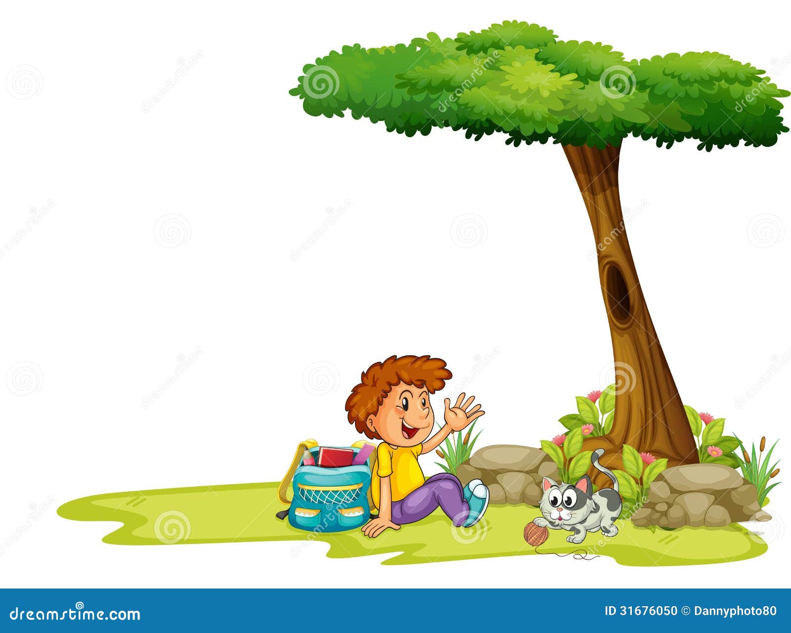 A Boy and His Cat Under the Tree Stock Vector - Illustration of human ...