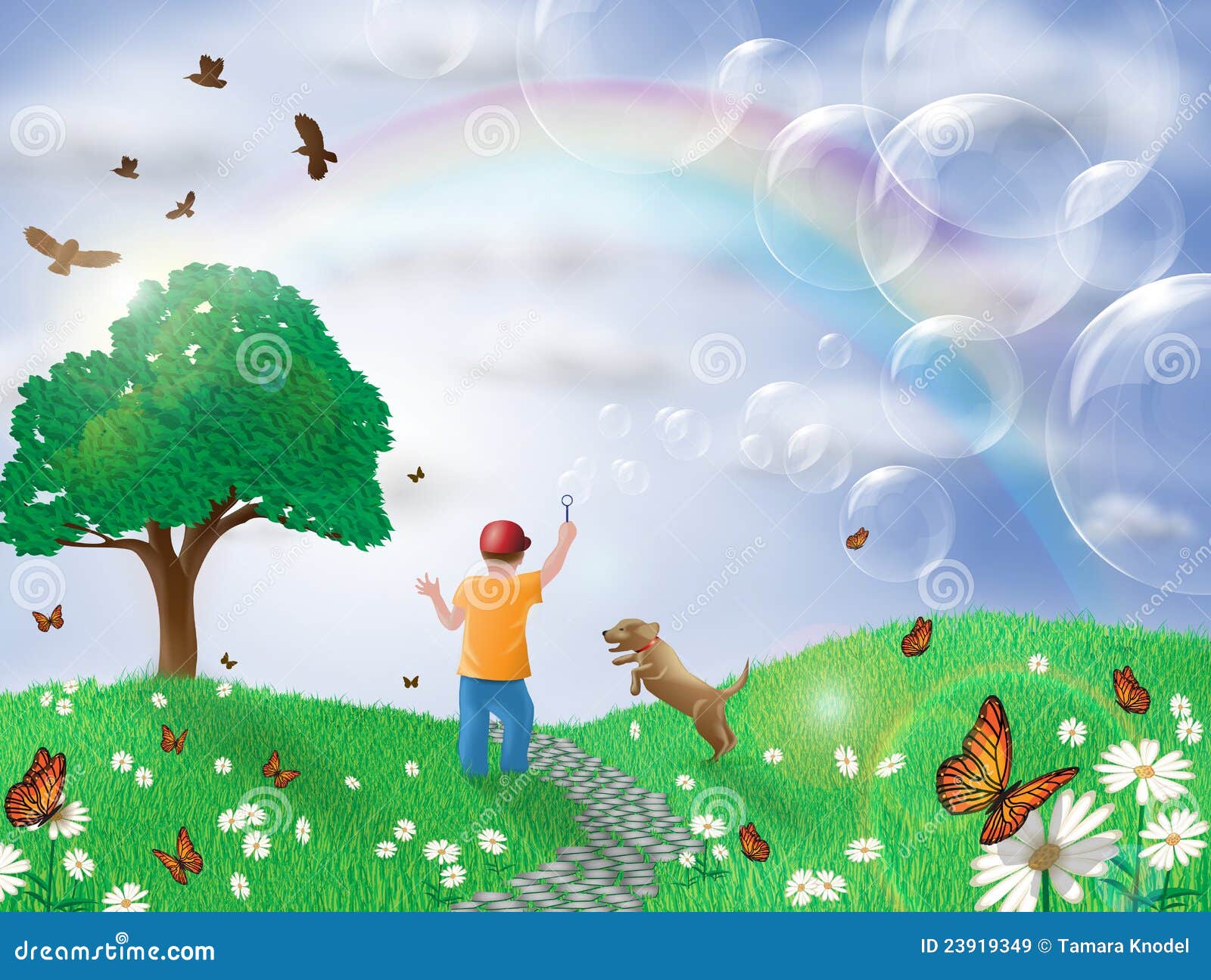 Boy and His Dog in Spring Landscape Stock Vector - Illustration of ...