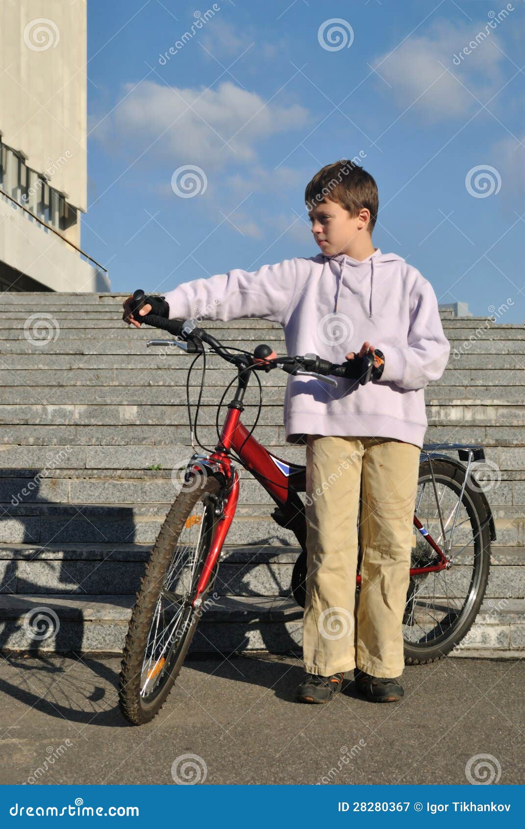 The Boy and His Red Bicycle Stock Image - Image of child, stairs: 28280367