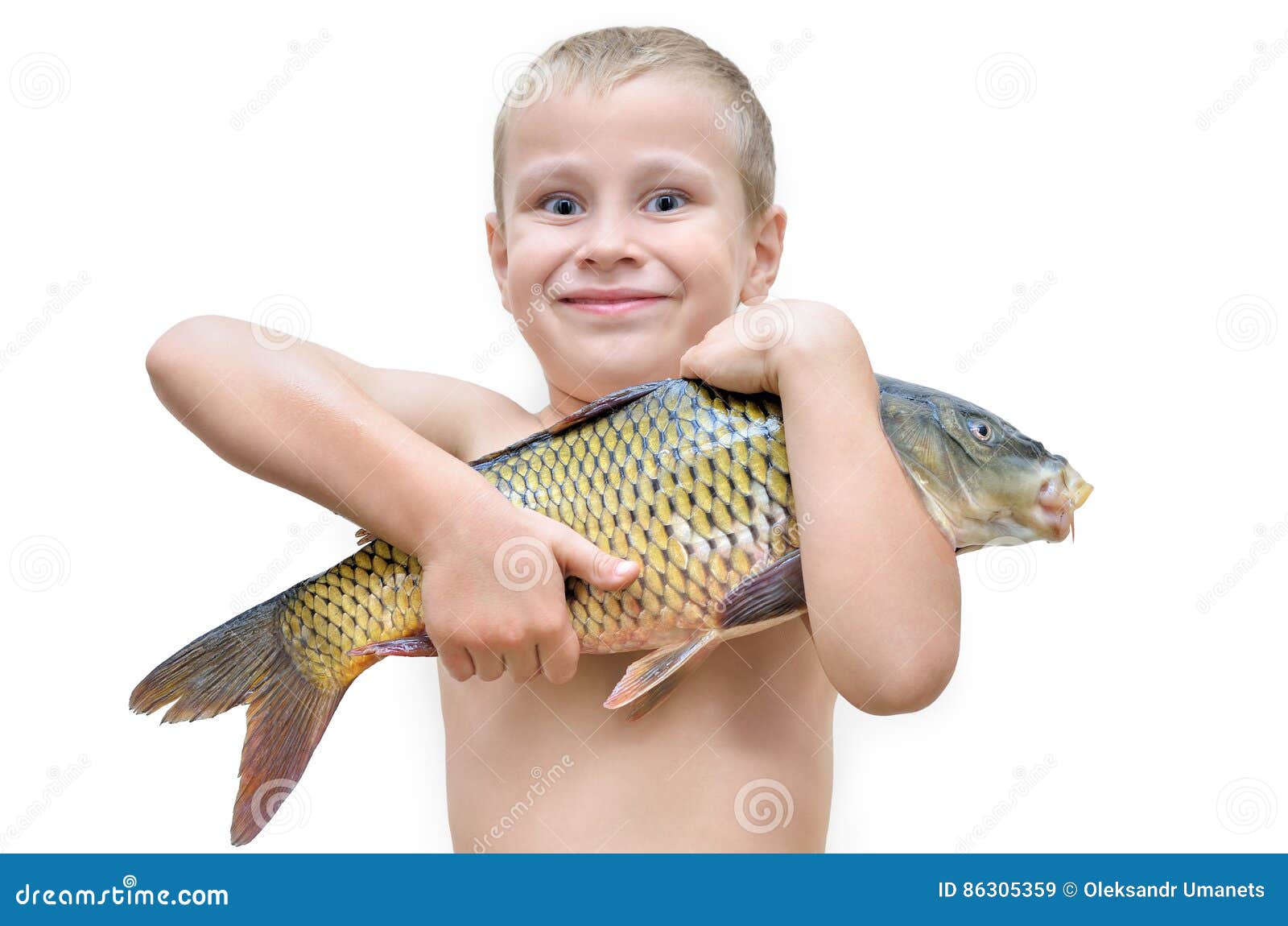 Boy Holding Big Fish Isolated on White Background Stock Image - Image ...