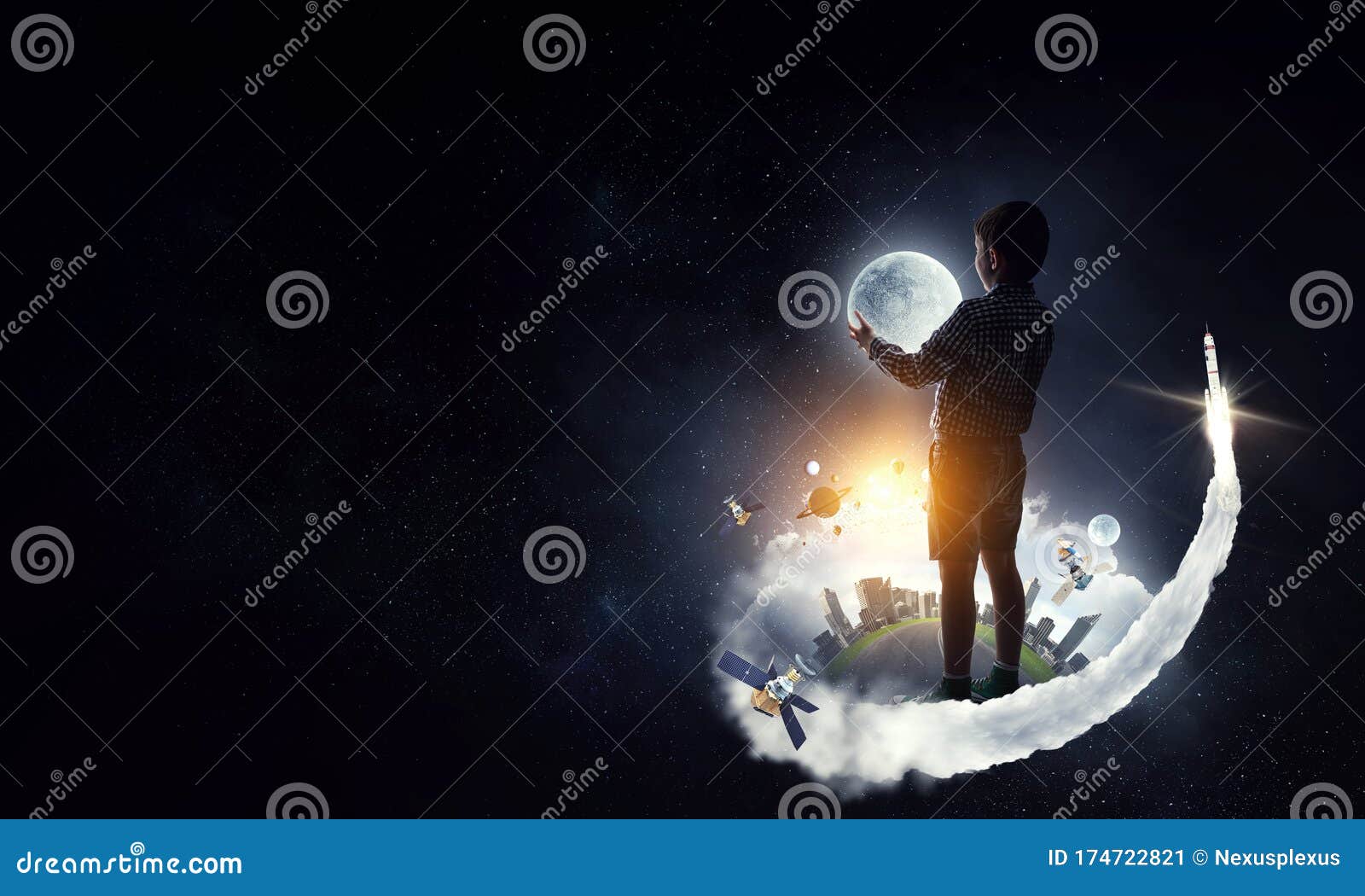 Boy holding moon at night stock image. Image of hand - 174722821