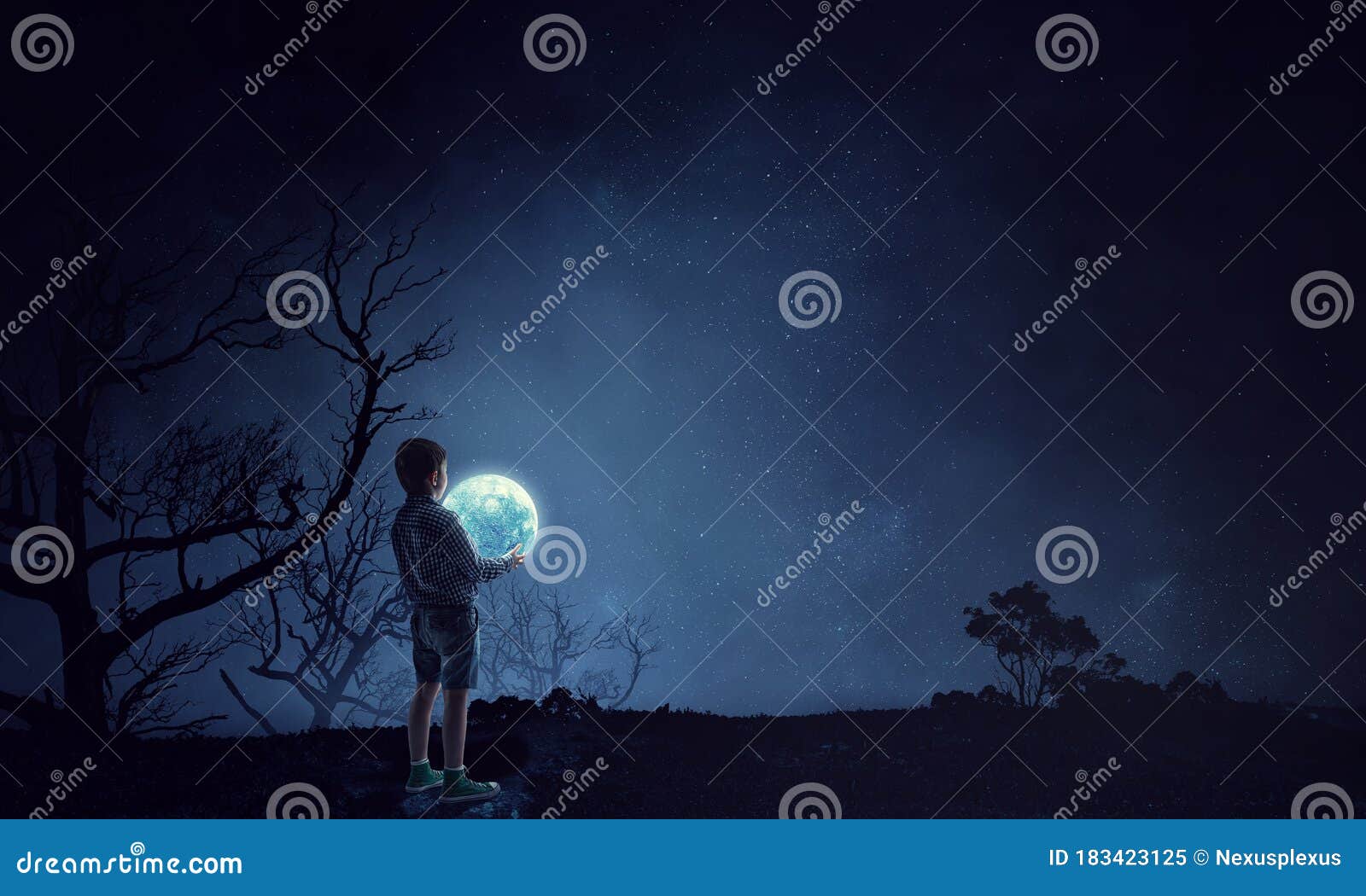 Boy holding moon at night stock image. Image of happiness - 183423125