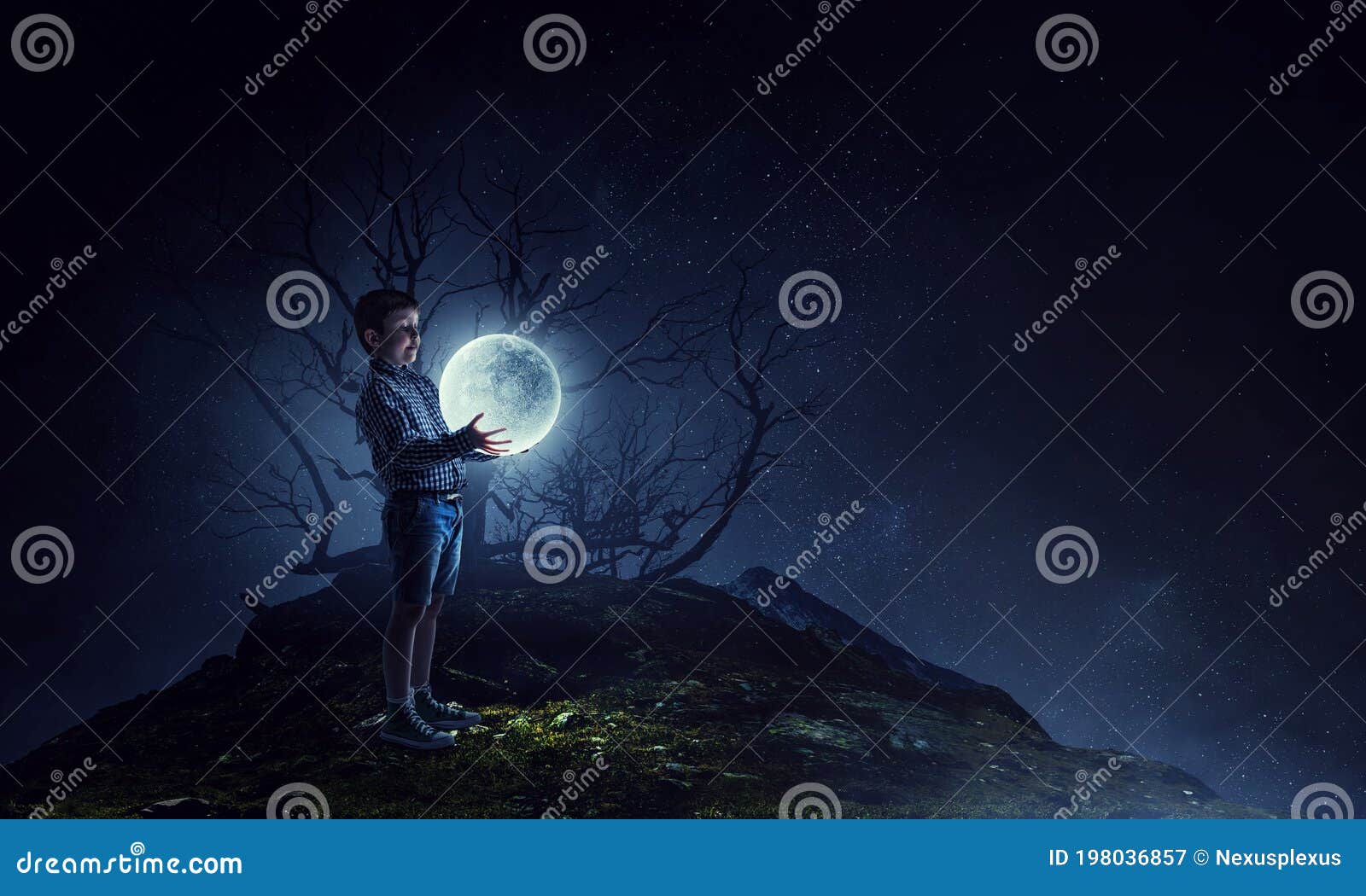 Boy holding moon at night stock image. Image of nature - 198036857