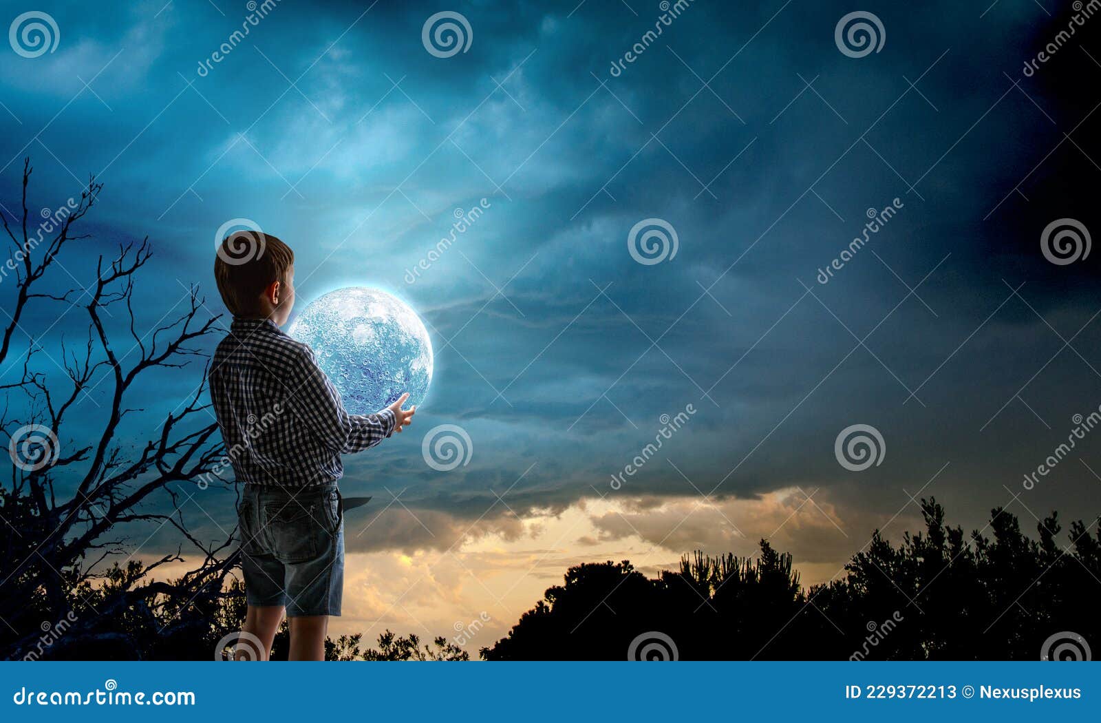 Boy holding moon at night stock image. Image of sleep - 229372213